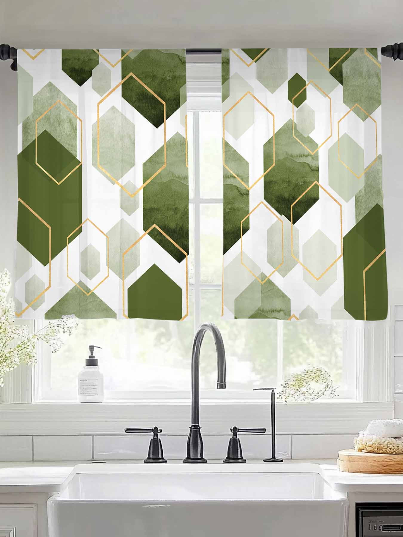 Sage Green Blocks Sheer Curtains 54 Inches Long 2 Panels Modern Art ...
