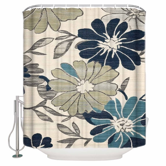 Sage Green Blue Floral Bathroom Shower Curtains with 12 Hooks Polyester ...