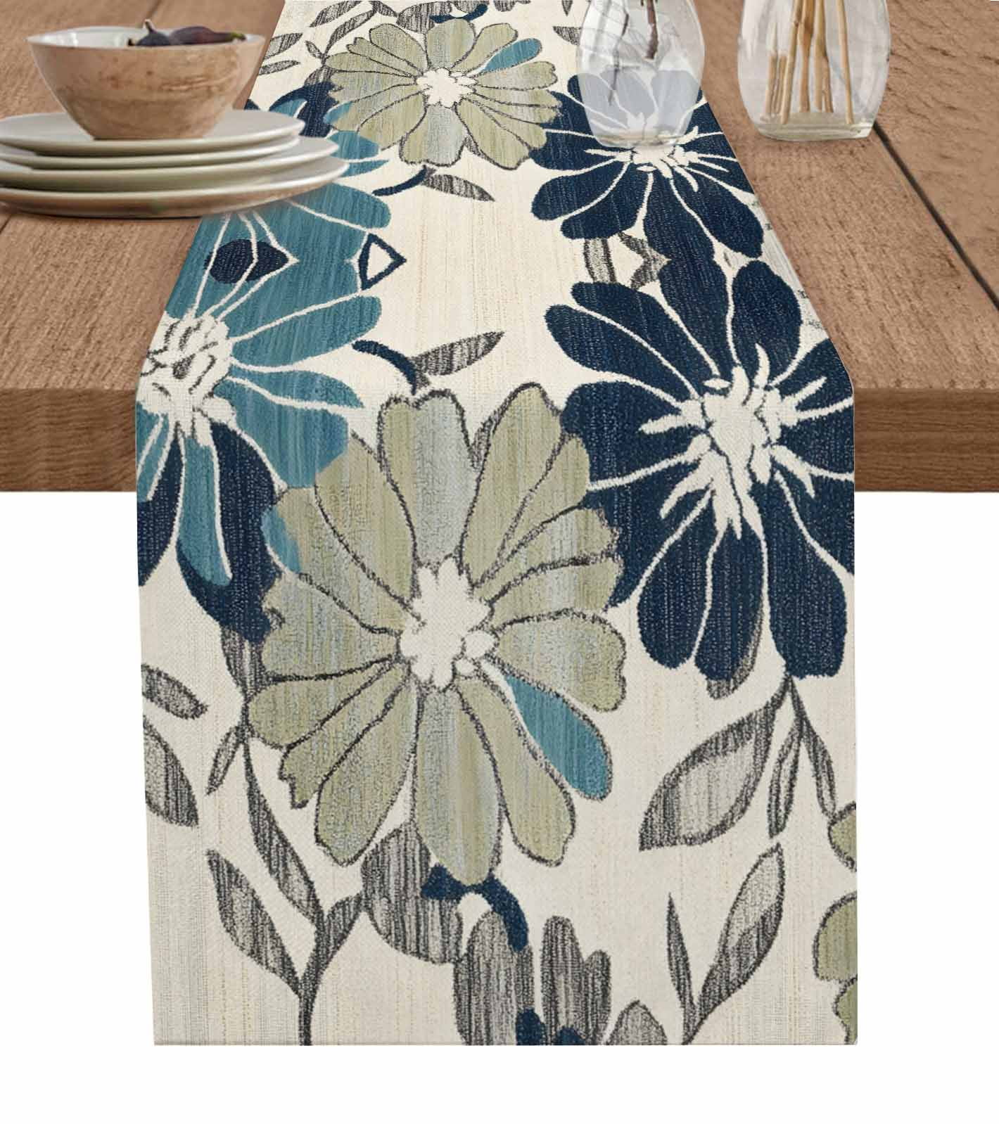 Sage Green Blue Floral Burlap Cotton Table Runner 13x36 Inches Short ...