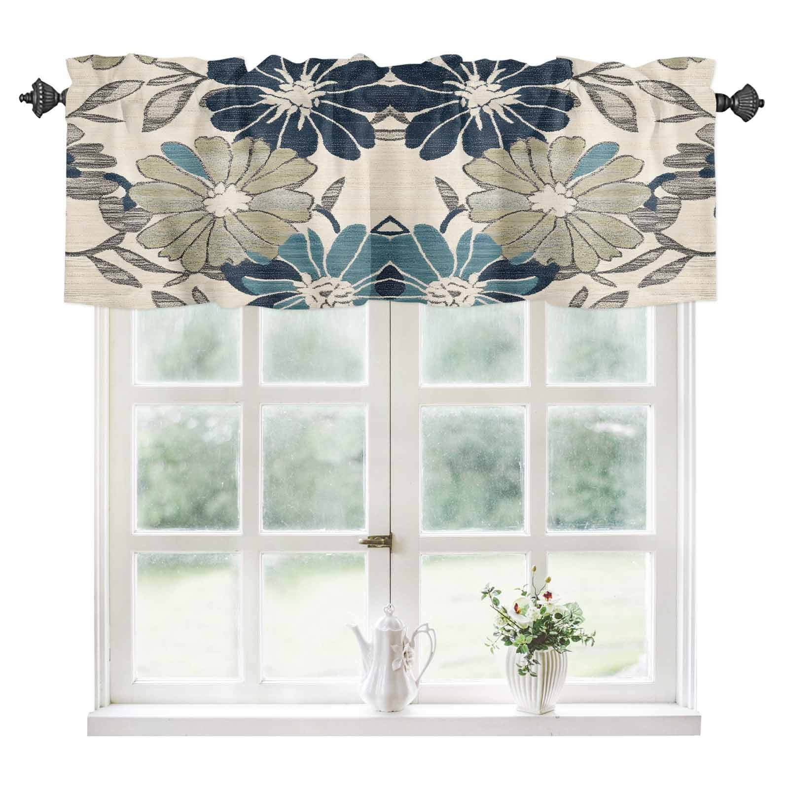 Sage Green Blue Floral Kitchen Valances for Windows 60x18 Inch Kitchen ...