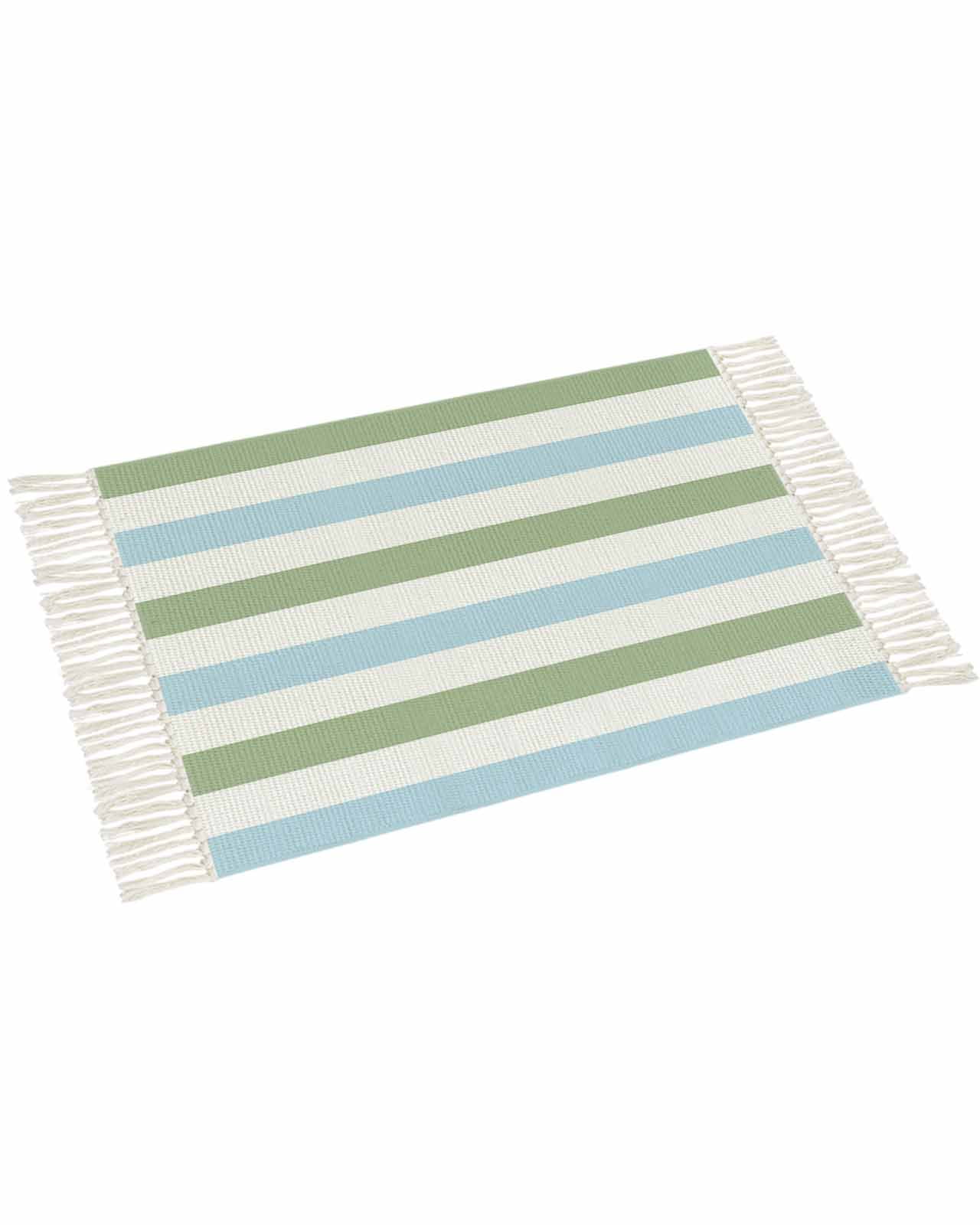 Sage Green Blue Stipes Bedroom Rug 4'x6', Washable Woven Cotton Area ...