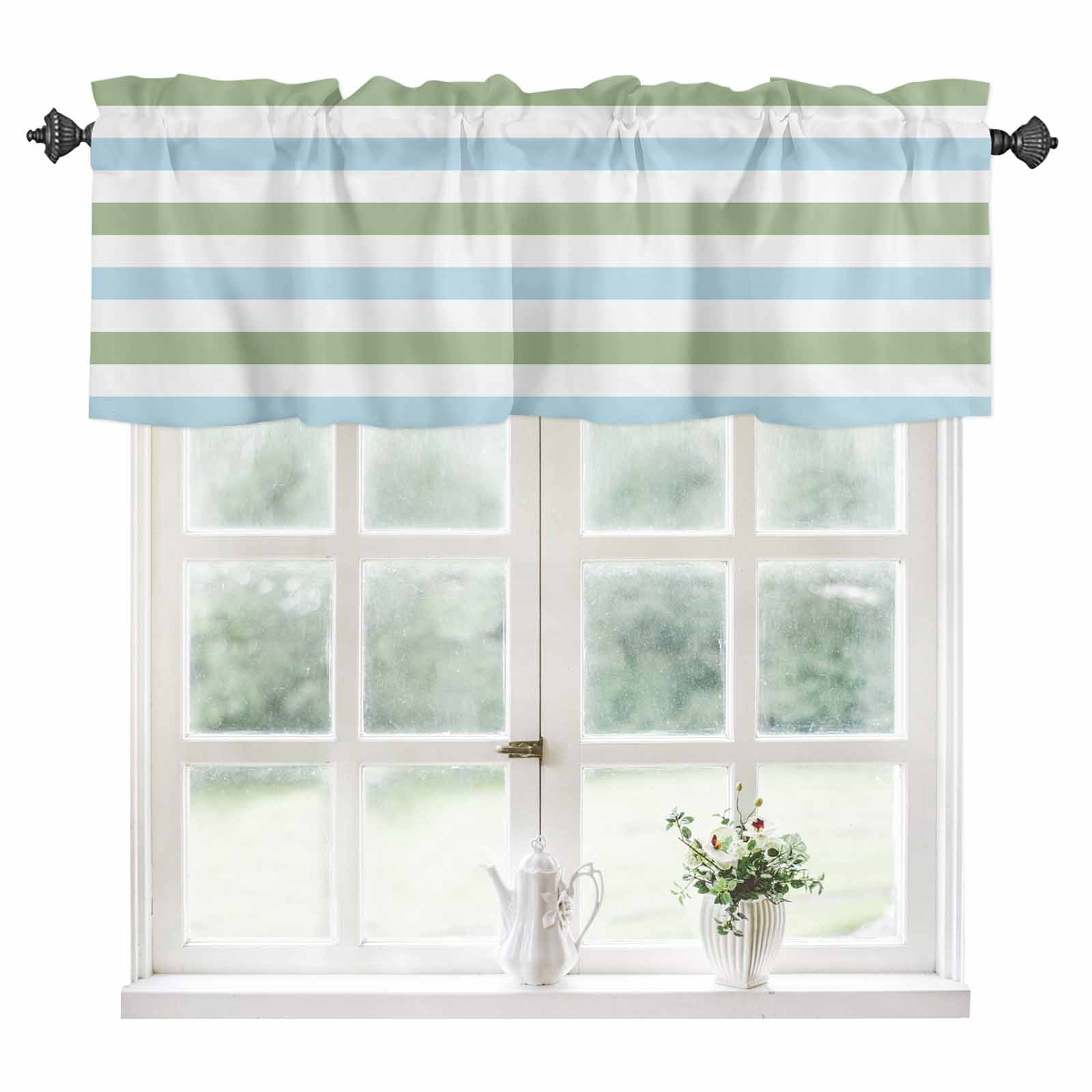 Sage Green Blue Striped Kitchen Valances for Windows 42x18 Inch Kitchen ...