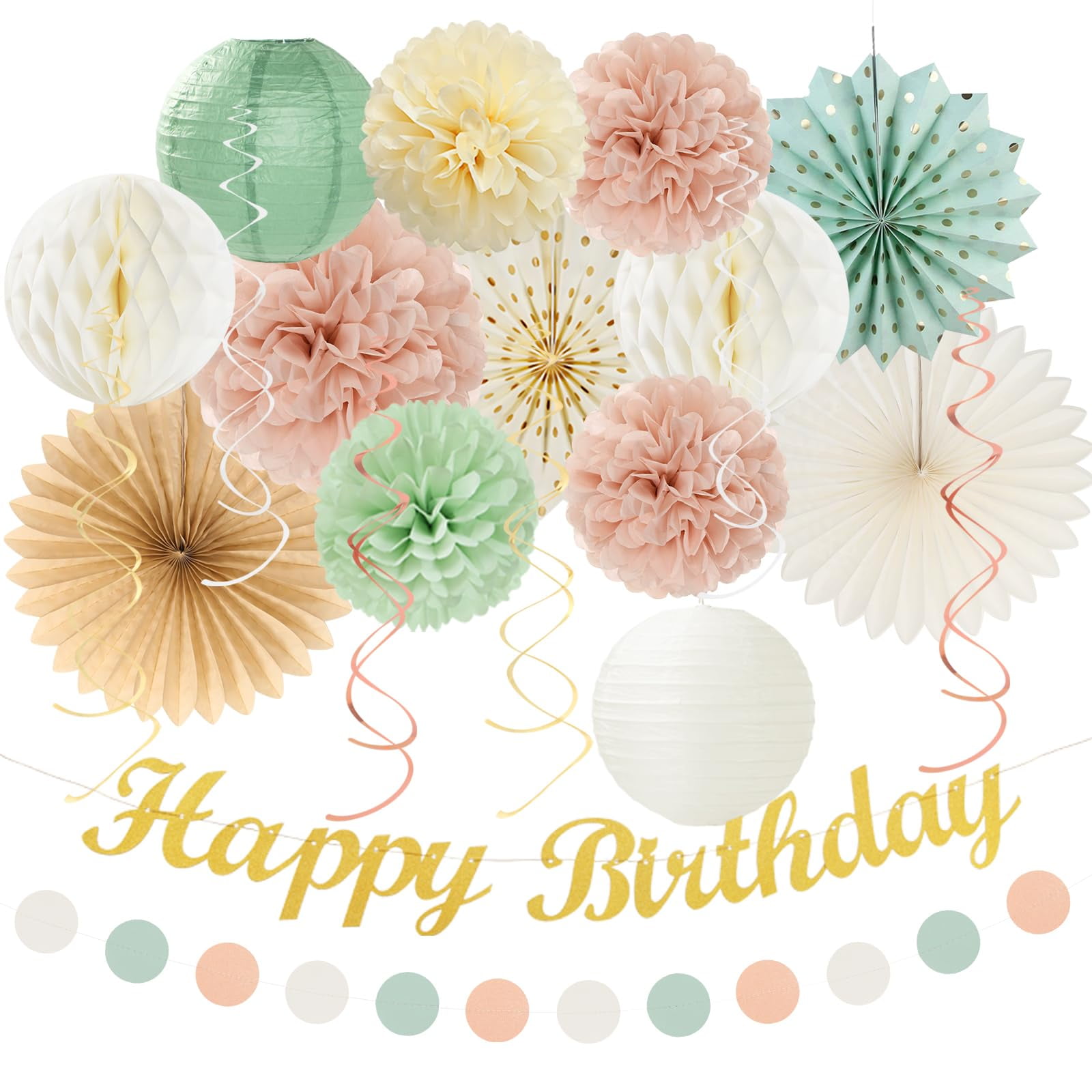 Sage-Green Blush-Pink Beige Birthday Party-Decorations - 21pcs Happy ...