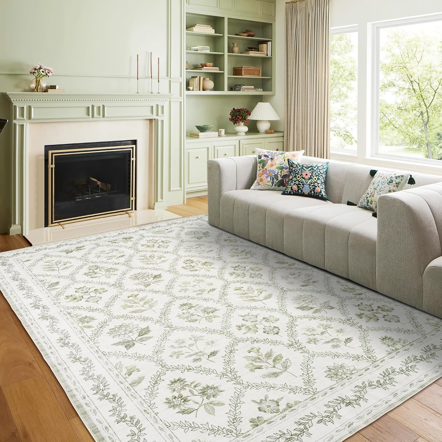 Sage Green Boho Area Rugs 5x7 for Living Room Machine Washable Light ...