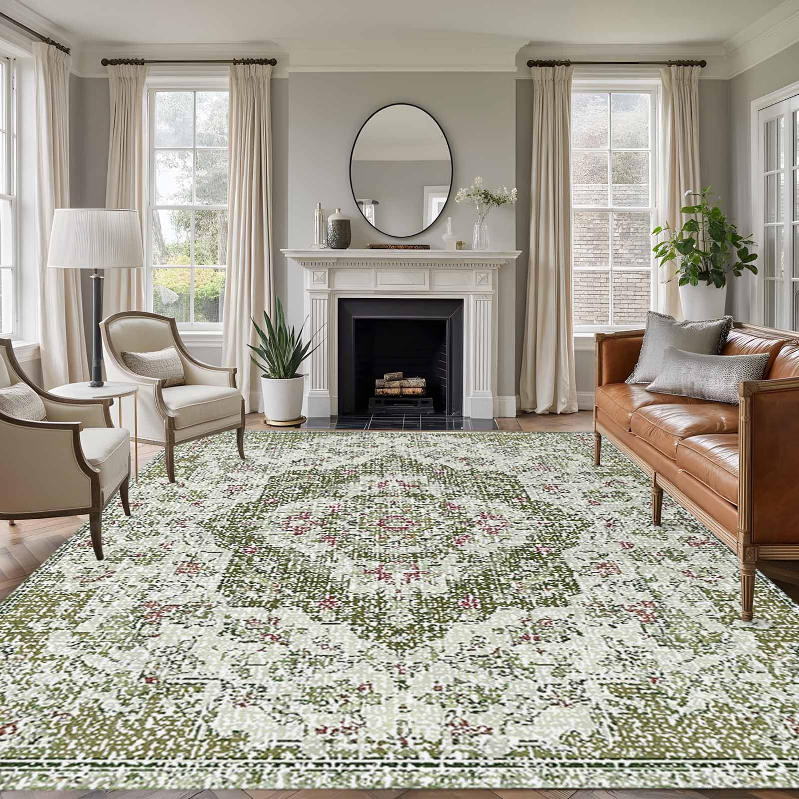 Sage Green Boho Area Rugs 8'x10', Washable Small Throw Rugs for Living ...