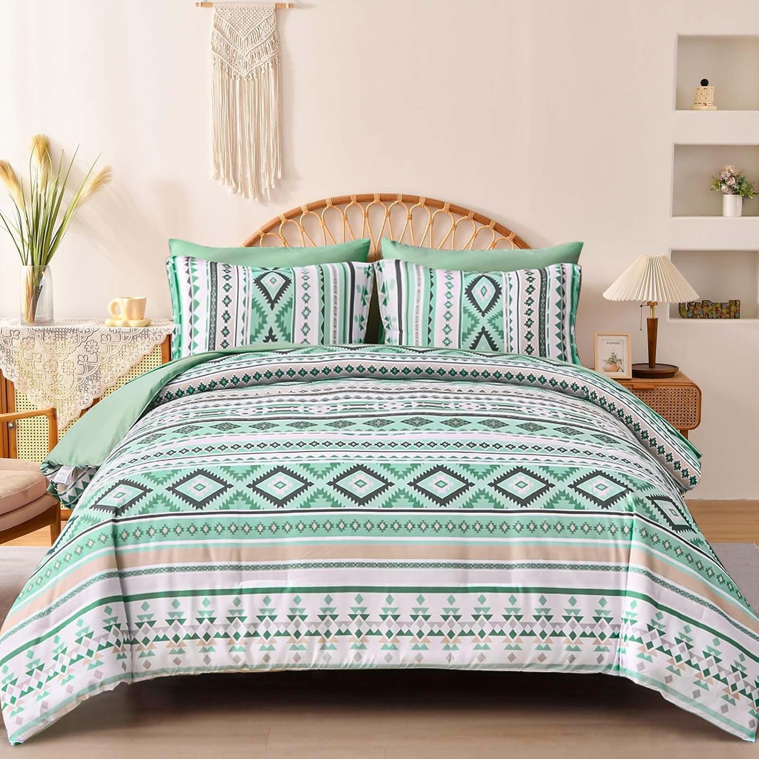 Sage Green Boho Comforter Set Queen, 7 Pieces Bed in a Bag Queen Size ...