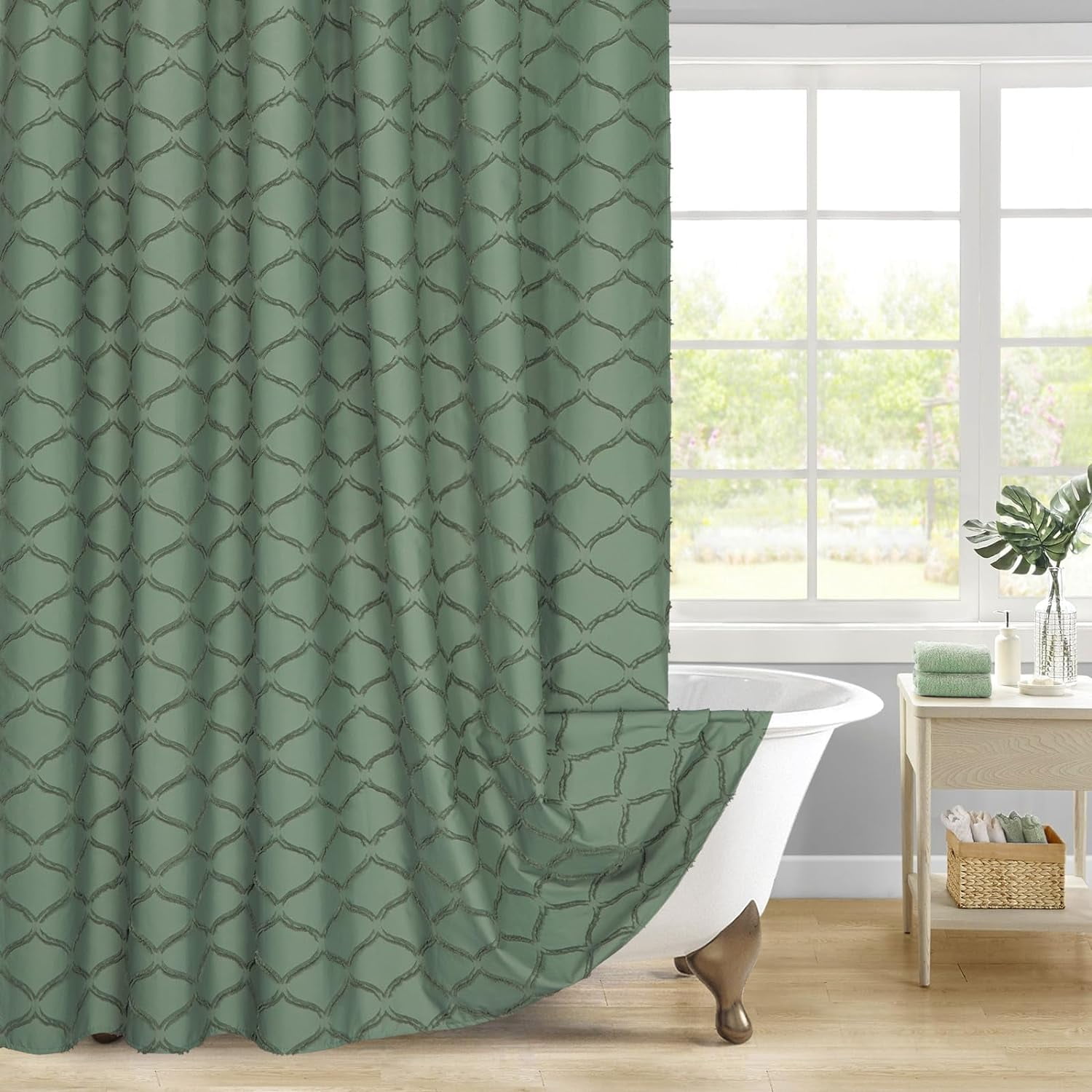 Sage Green Boho Fabric Shower Curtain with Tufted, Modern Farmhouse ...
