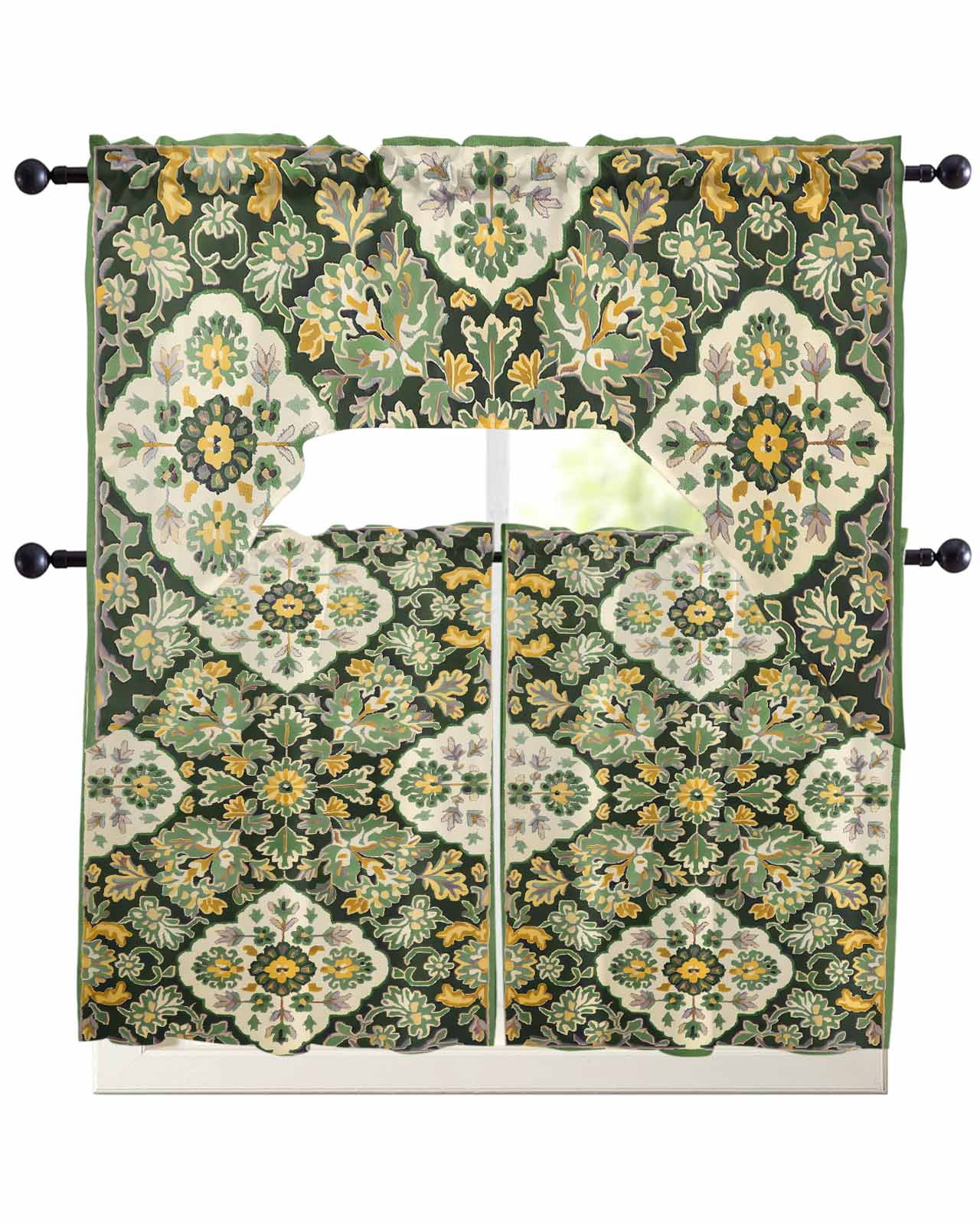 Sage Green Boho Kitchen Curtains Swag Valance and Tier Curtains Set 24 Inch Length, Rustic ...