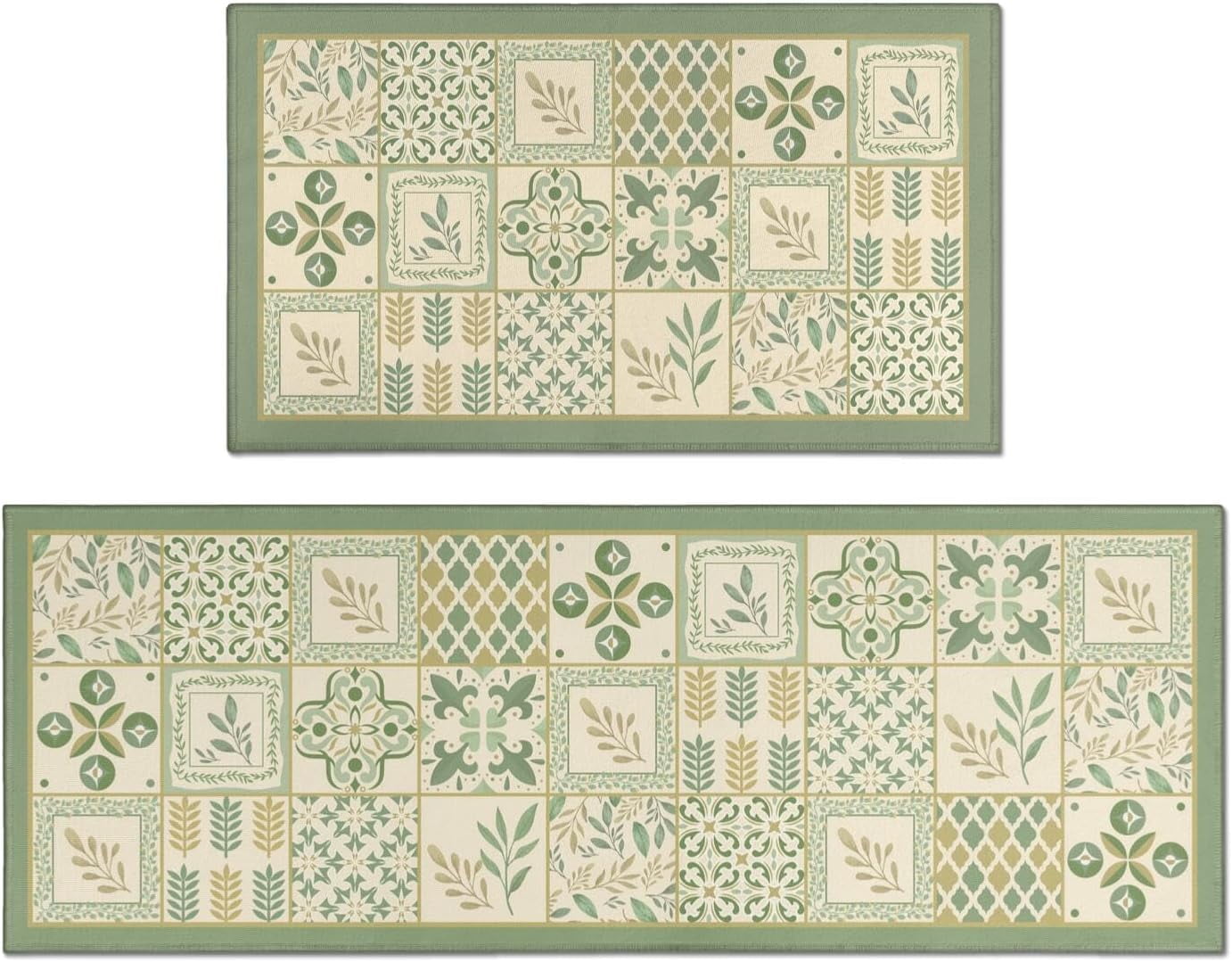 Sage Green Boho Kitchen Mats for Floor Set of 2, Leaves Geometric ...