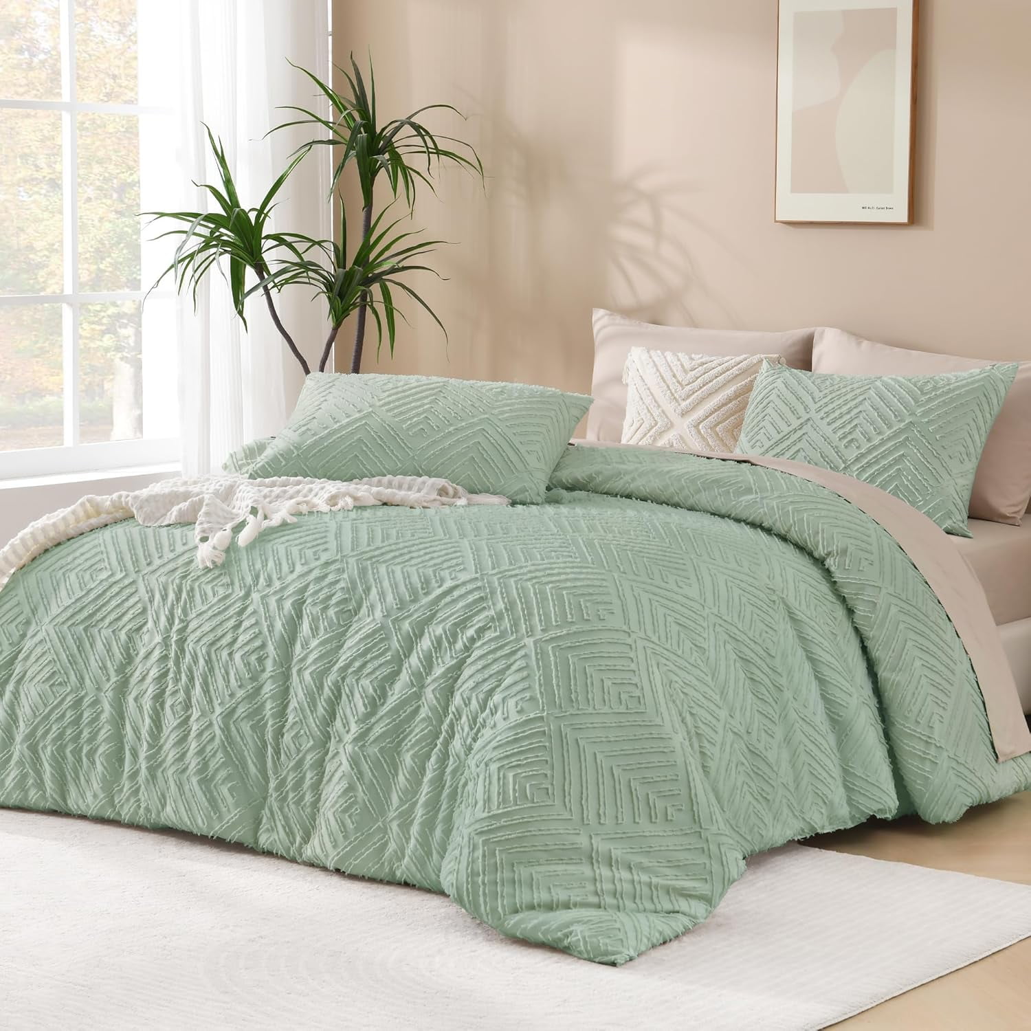 Sage Green Boho Queen Comforter Set, Lightweight and Fluffy Bedding Set ...