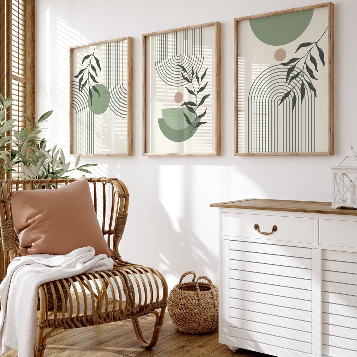 Sage Green Boho Rainbow Wall Art Set Of 3, Neutral Modern Prints ...