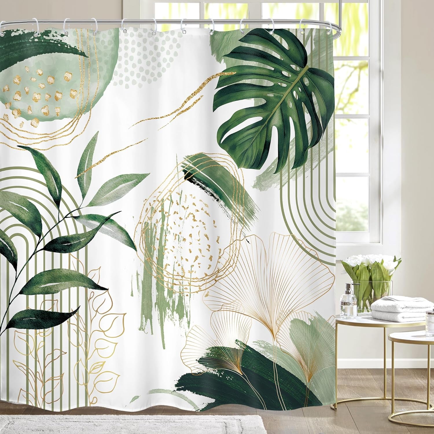 Sage Green Boho Shower Curtain Mid Century Modern Tropical Leaves Gold ...