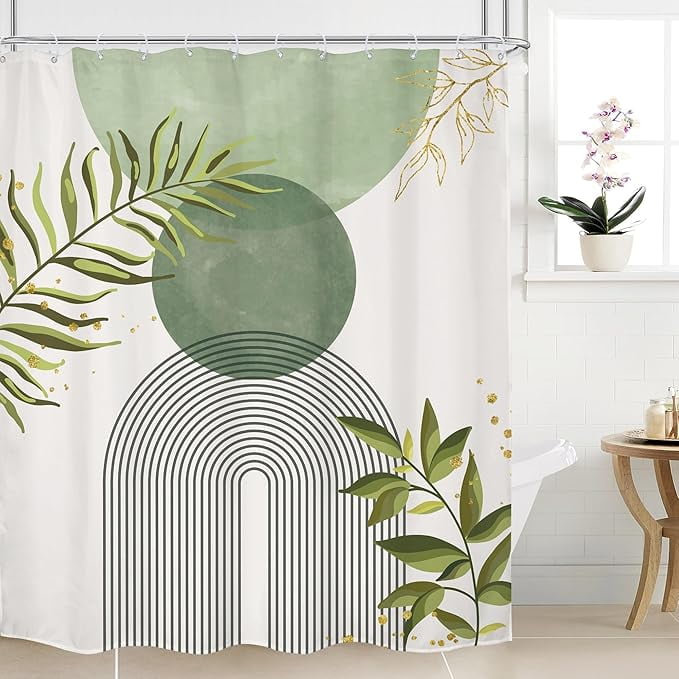 Sage Green Boho Shower Curtain Modern Bohemian Abstract Leaves Olive ...