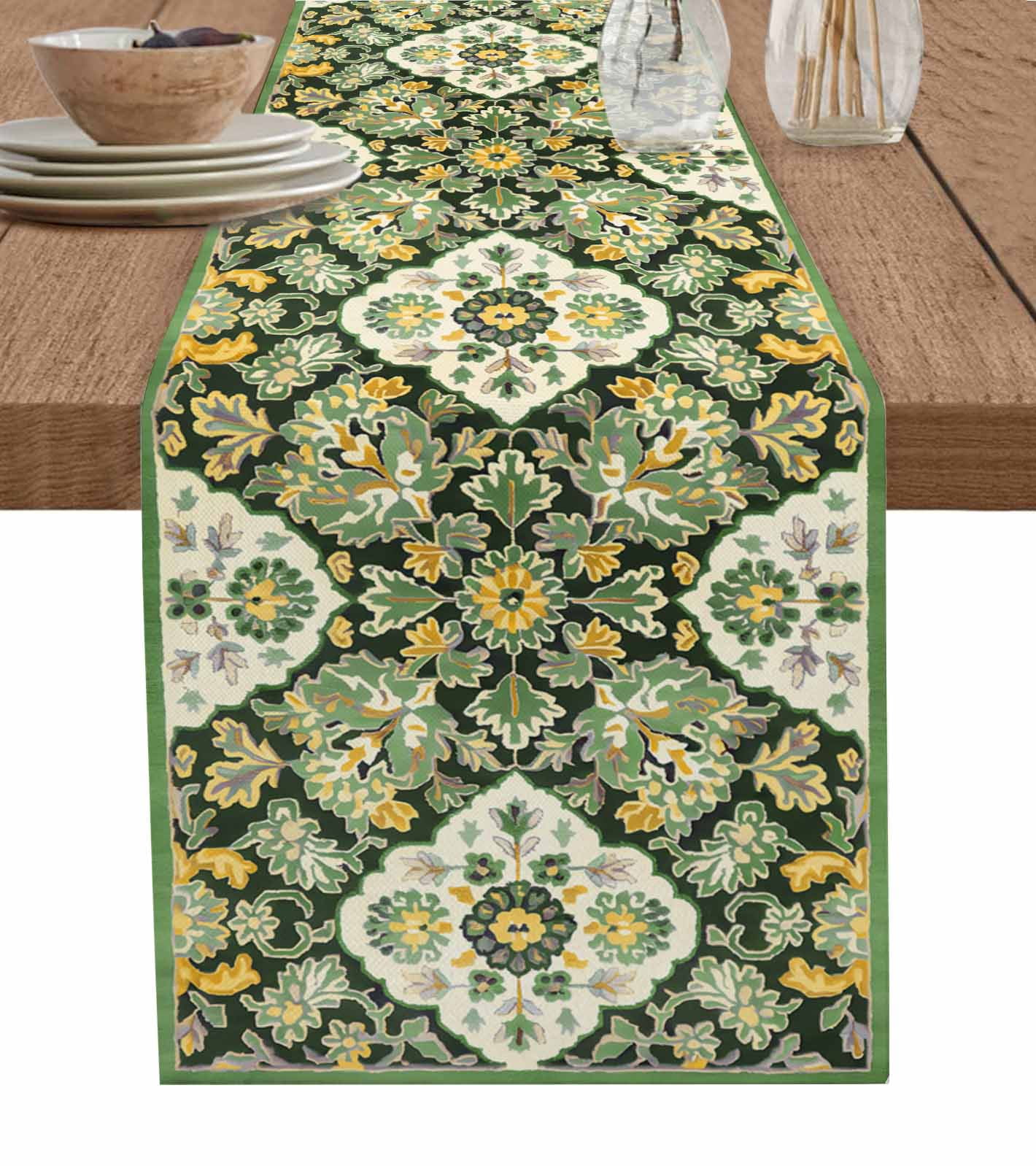 Sage Green Boho Table Runner 72 Inches, Rustic Southwest Plants Motifs ...