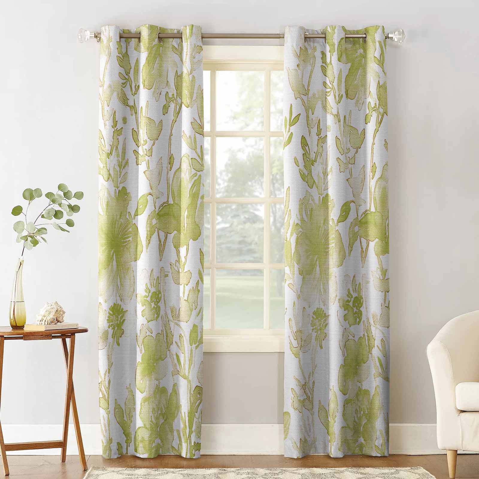 Sage Green Botanical Blackout Curtains 39 Inches Length, Painted Floral ...