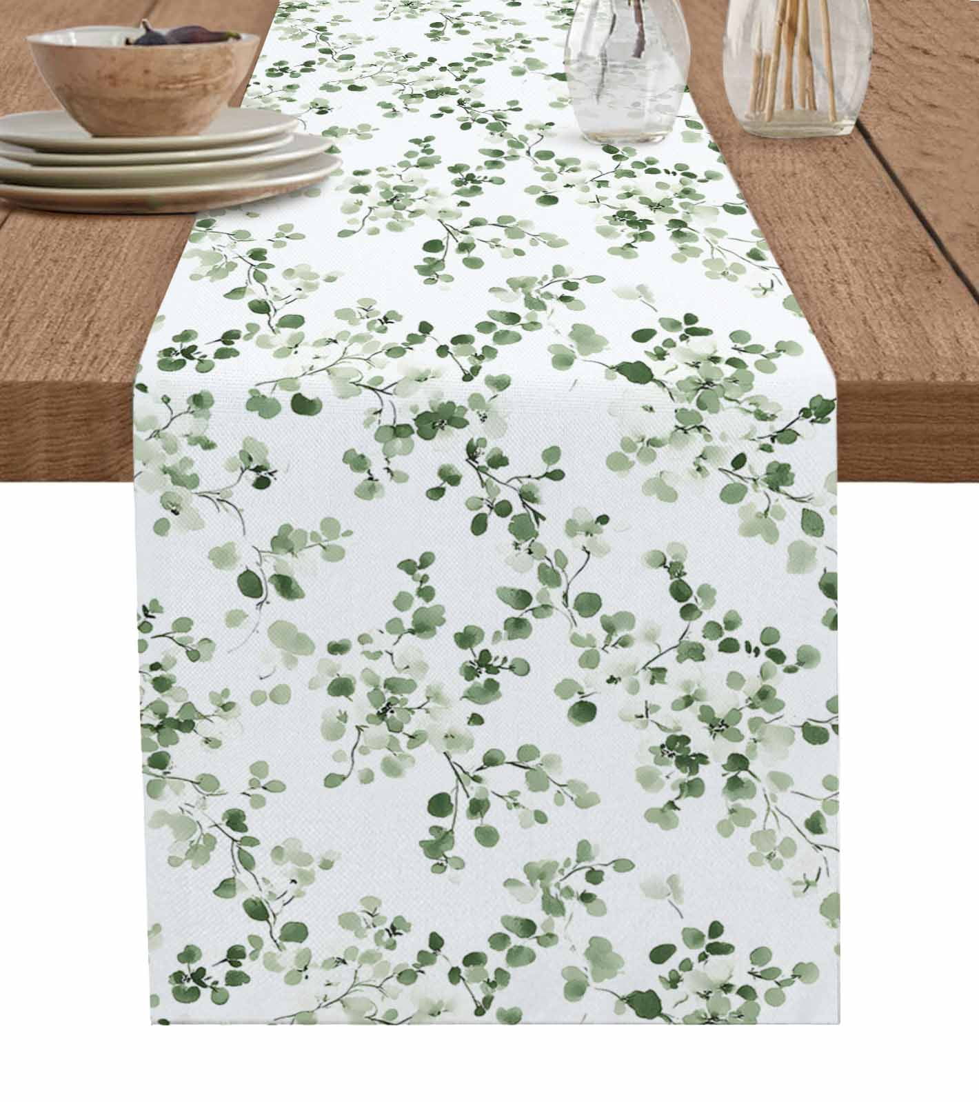 Sage Green Botanical Table Runner 90 Inches, Eucalyptus Sprigs ...