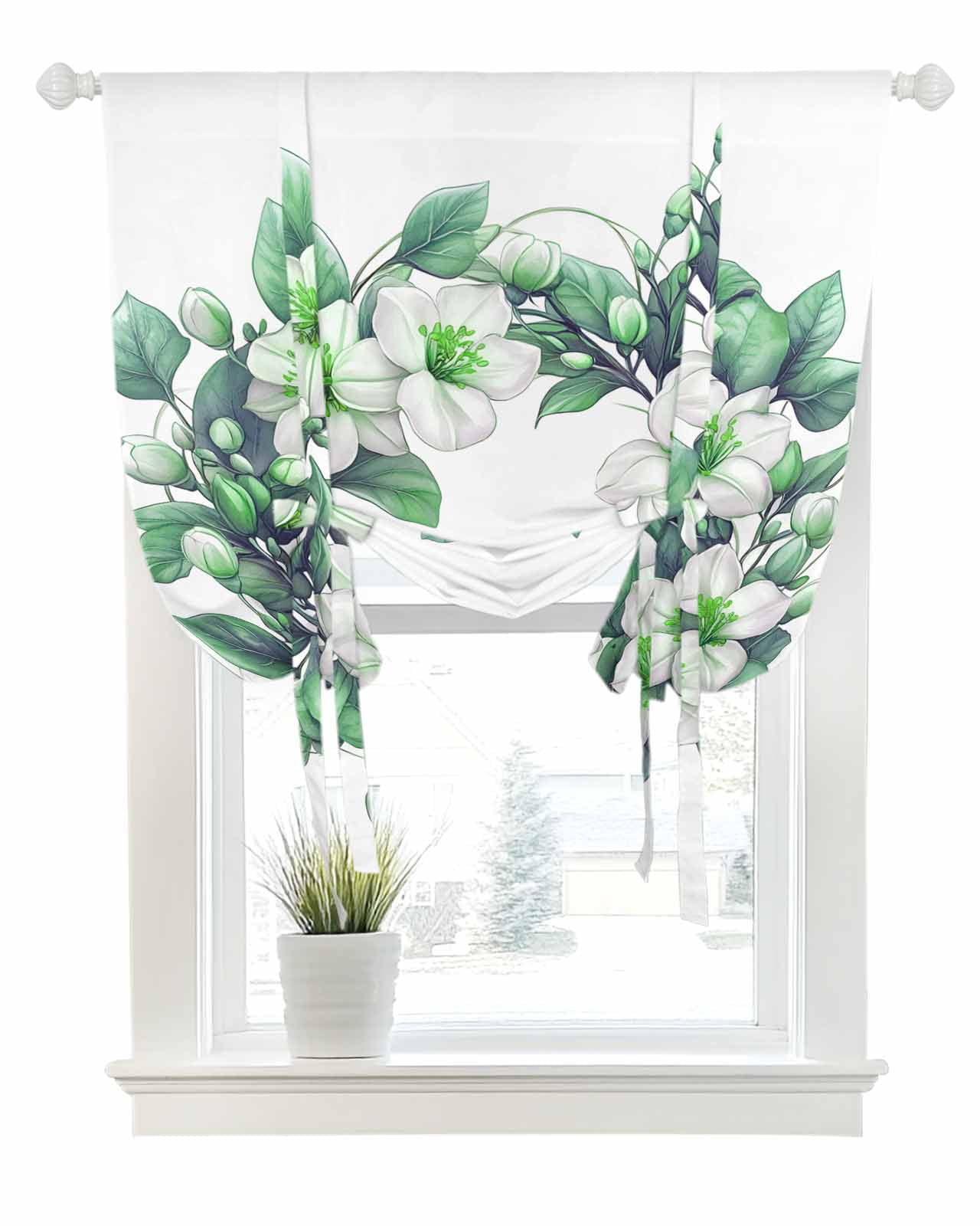 Sage Green Botanical Tie Up Curtains for Window, Thermal Insulted ...