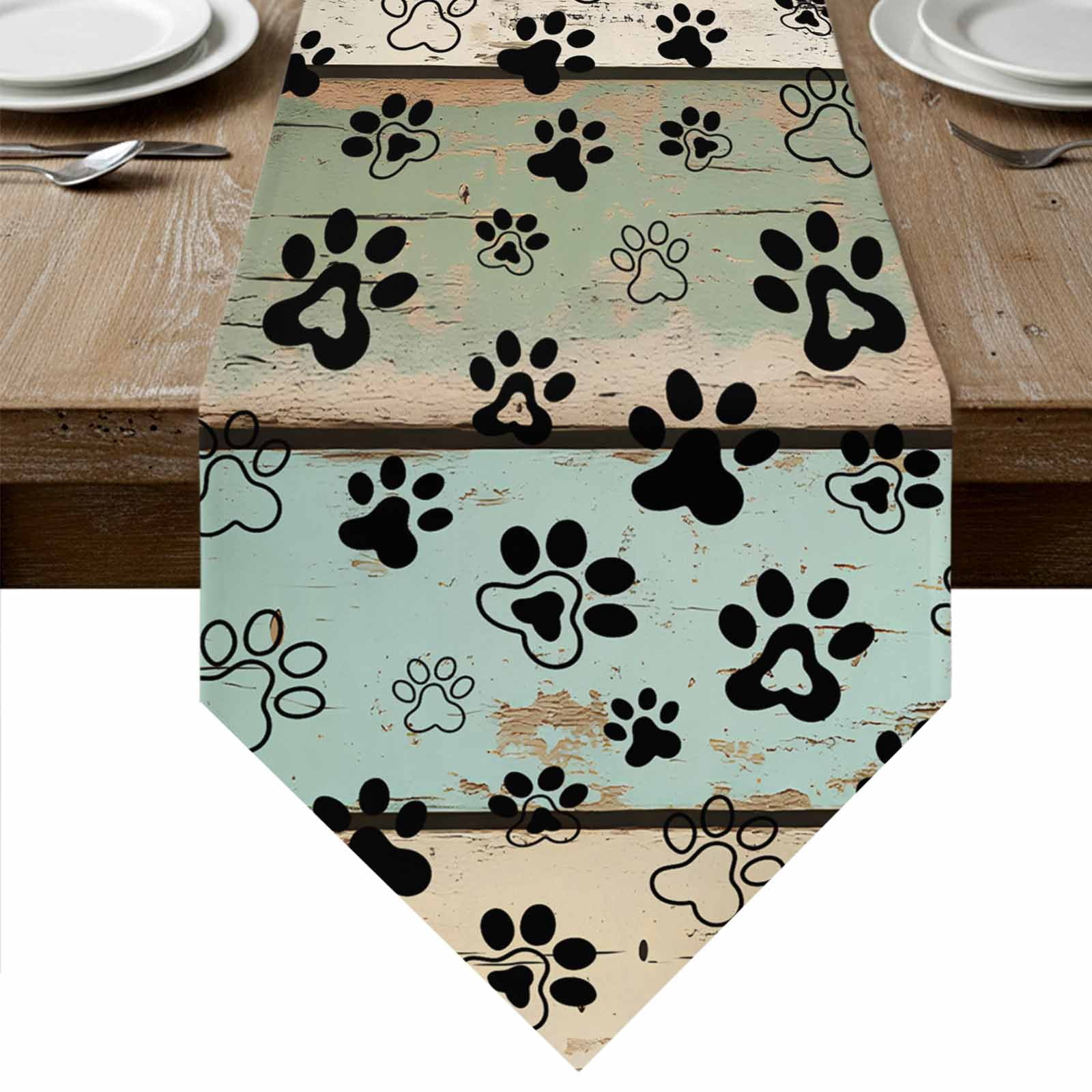 Sage Green Brown Paw Prints Table Runner Linen Burlap Table Runner 72 ...