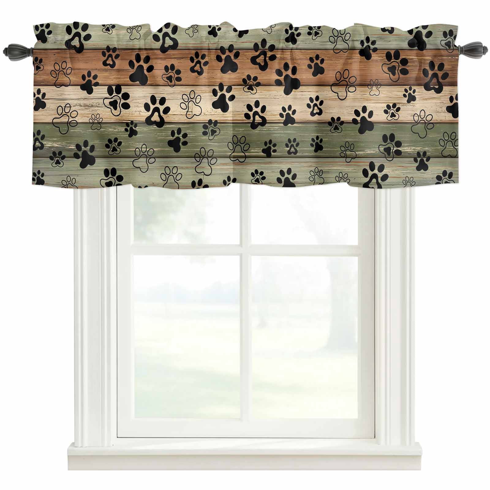 Sage Green Brown Rod Pocket Curtain Valance, Farmhouse Dog Paw Vintage ...