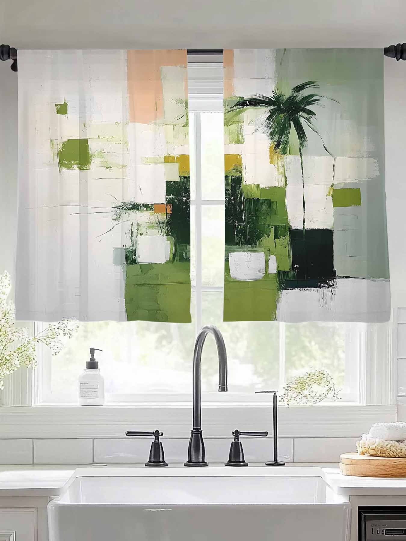 Sage Green Brush Sheer Curtains 54 Inches Long 2 Panels Watercolor ...