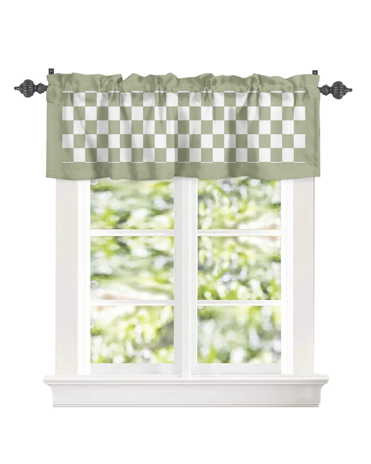 Sage Green Buffalo Plaid Frame Rod Pocket Valance Window Curtains ...