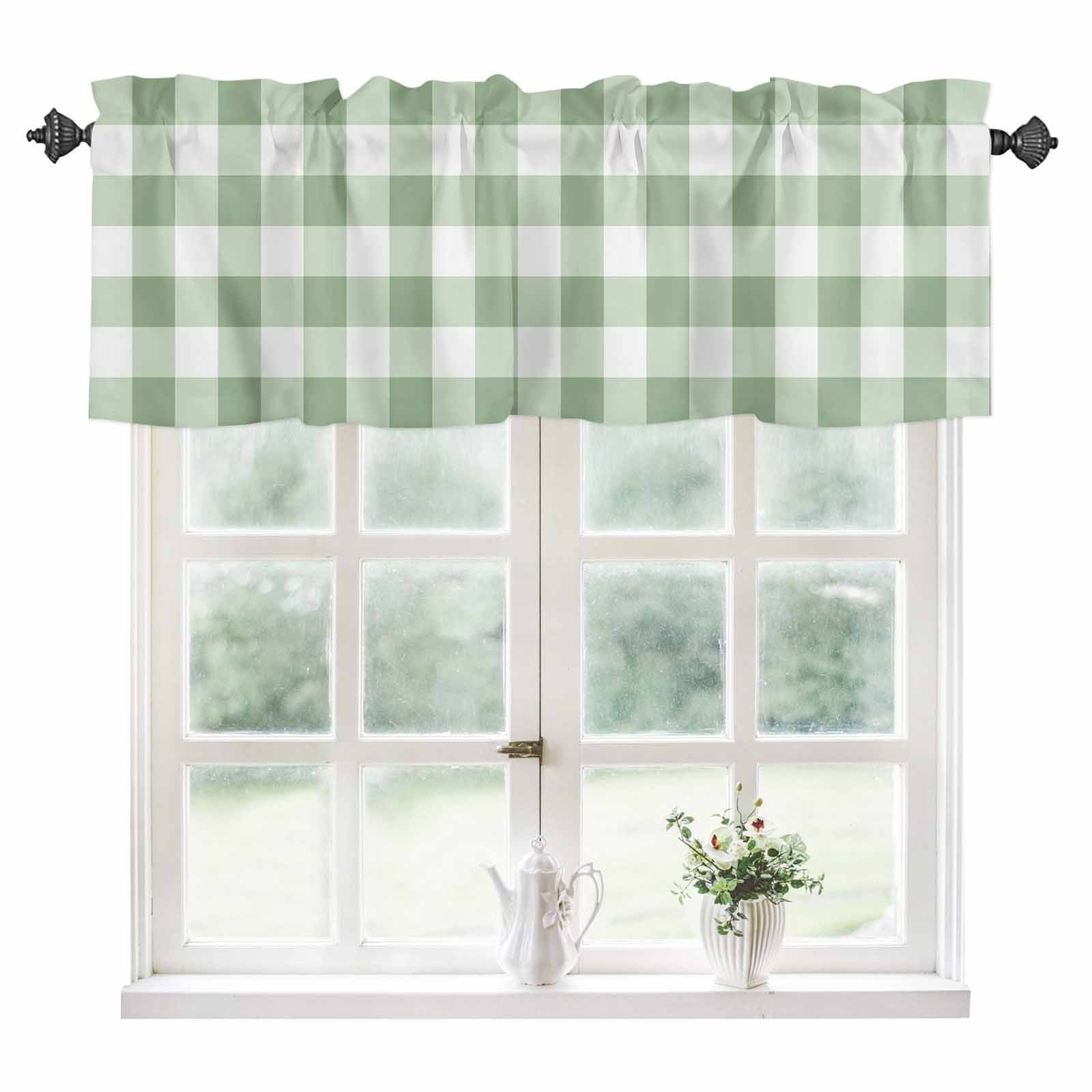 Sage Green Buffalo Plaid Kitchen Valances for Windows 60x18 Inch Kitchen Curtains Valances Rod ...