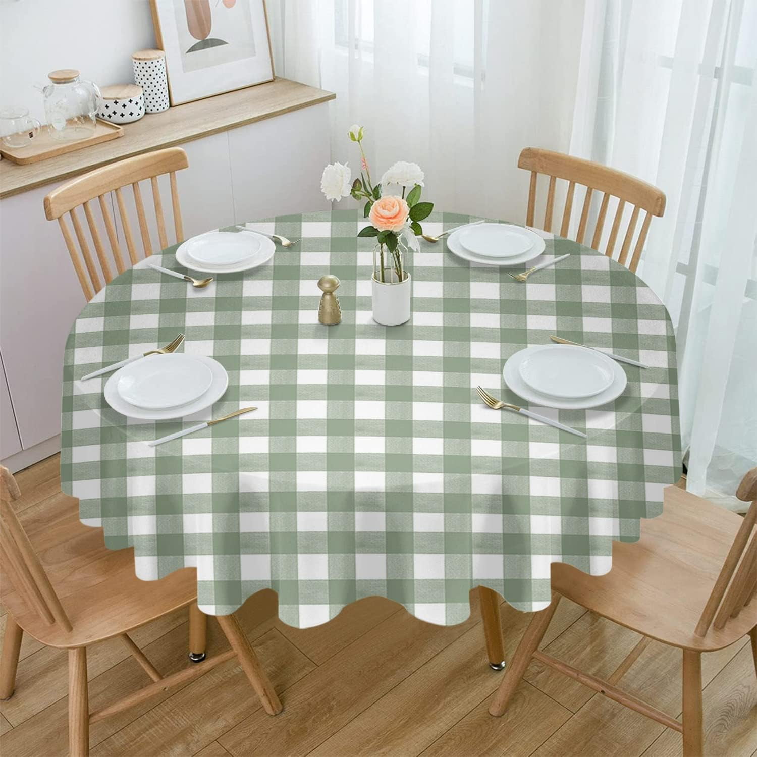 Sage Green Buffalo Plaid Round Tablecloth 60 Inch - Waterproof Fabric ...