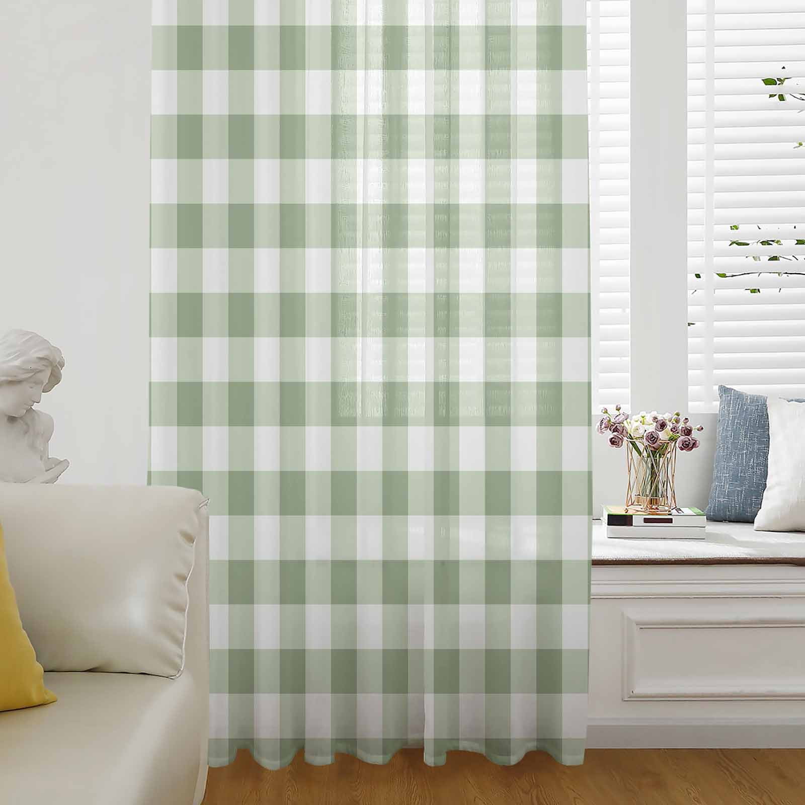 Sage Green Buffalo Plaid Semi Sheer Curtains Drapes for Living Room ...