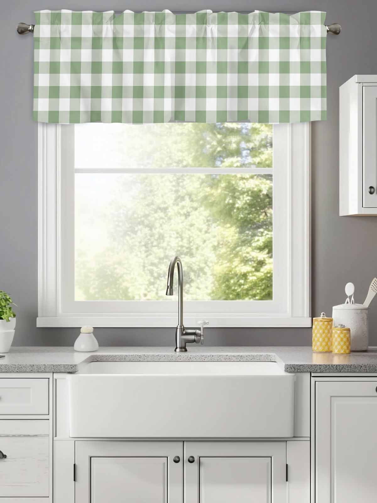 Sage Green Buffalo Plaid Valances for Windows,Kitchen Valance Rod ...