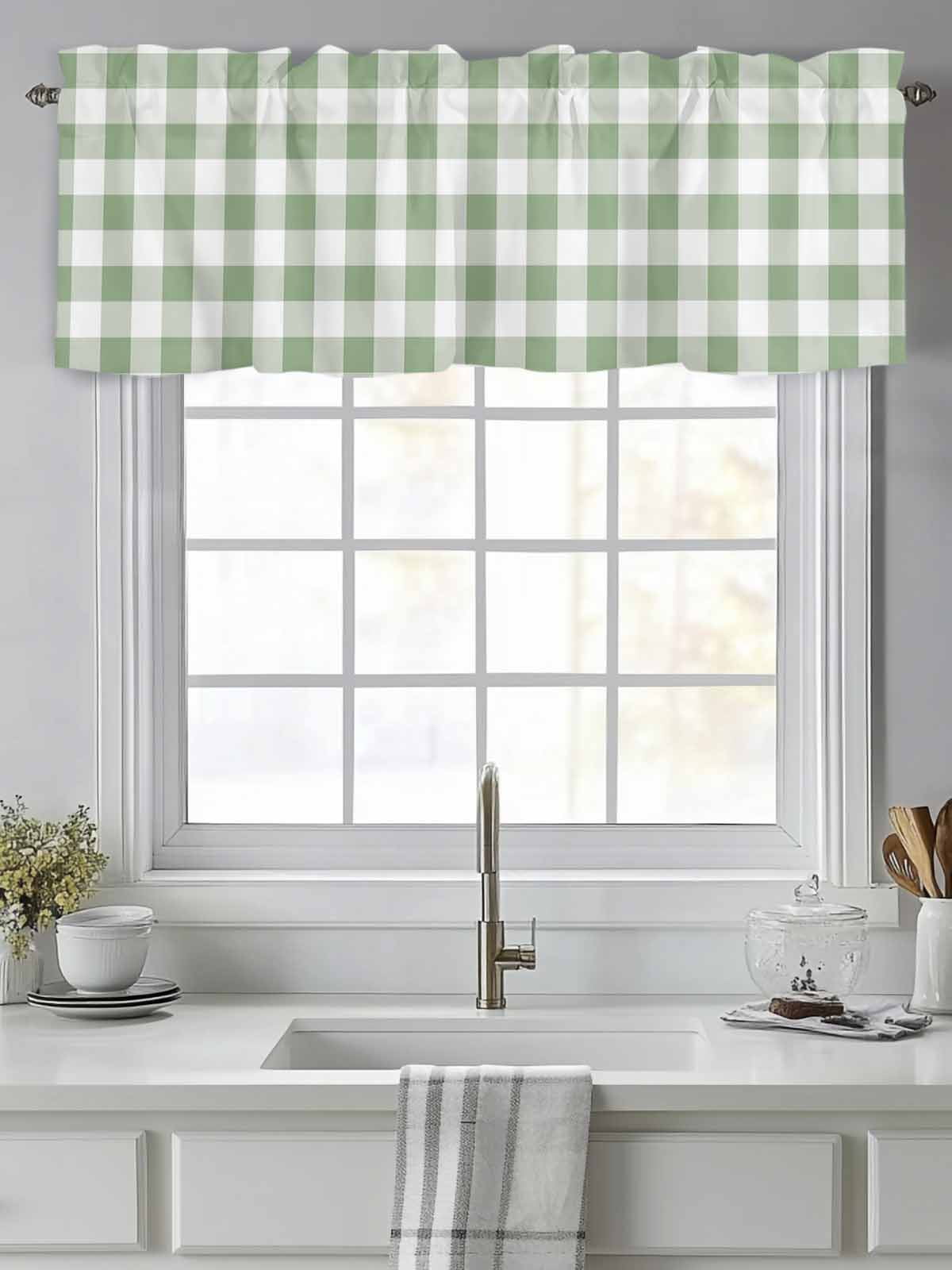 Sage Green Buffalo Plaid Valances for Windows,Kitchen Valance Rod ...