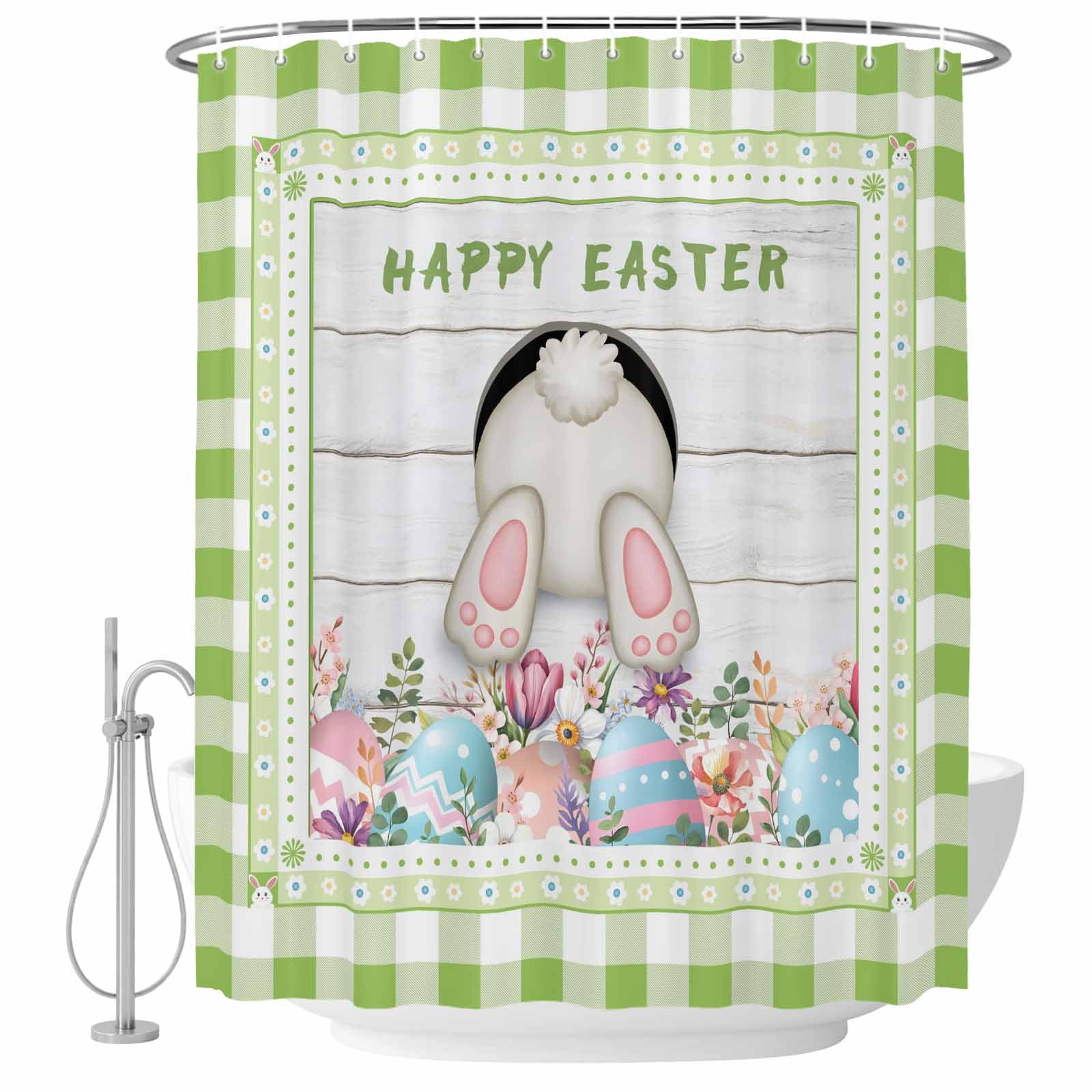 Sage Green Bunny Easter Shower Curtain Set - 72" x 78" Washable Bathtub ...