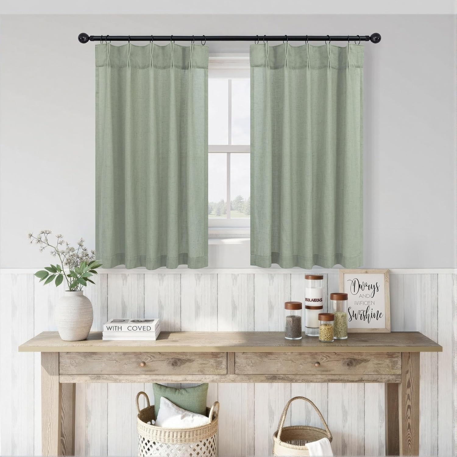 Sage Green Cafe Tier Curtains 36 Inch Length 2 Panel Pinch Pleated ...