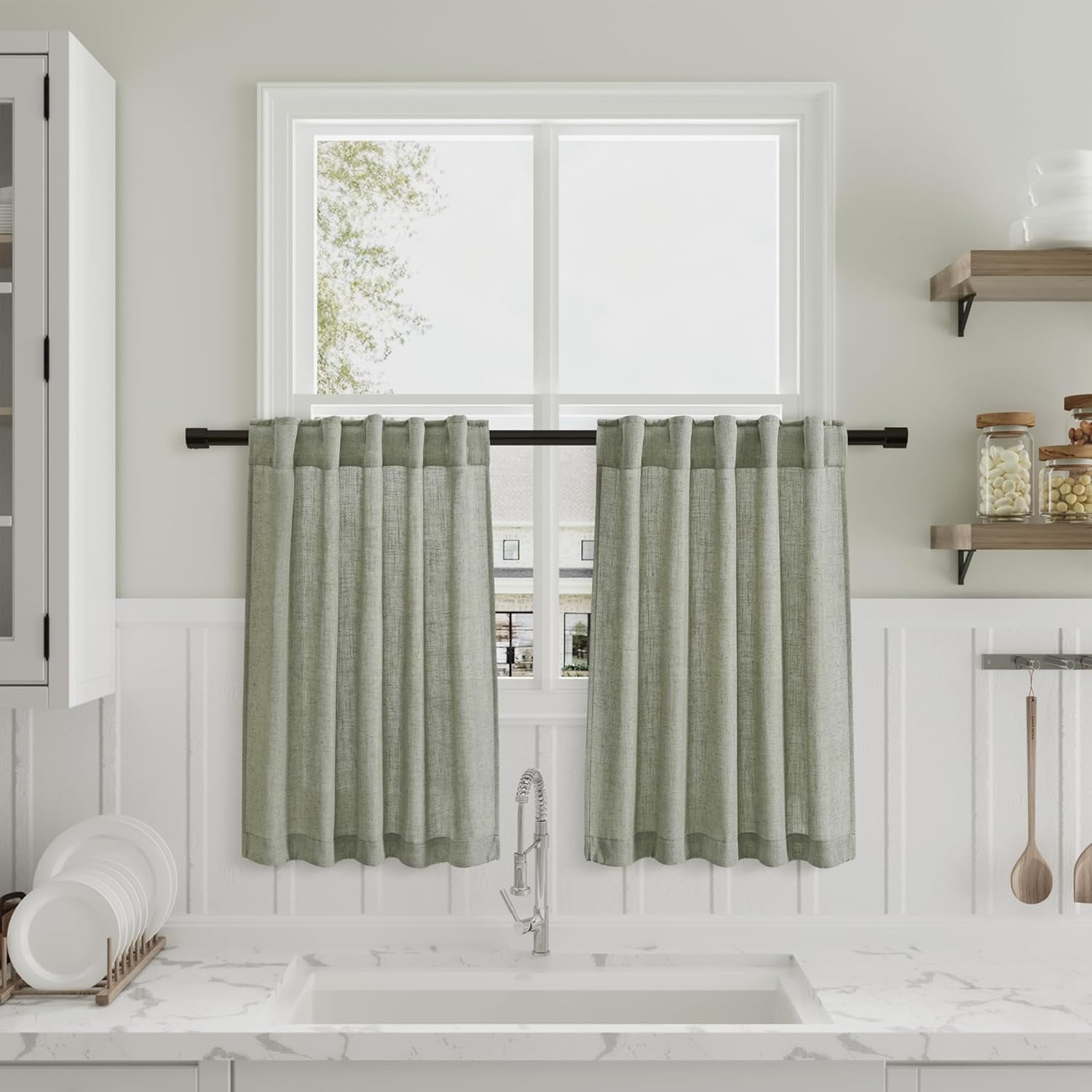 Sage Green Cafe Tier Curtains 36 Inch Length 2 Panels Semi Sheer Light ...