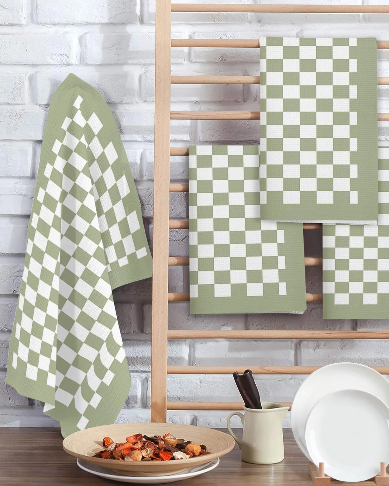 Sage Green Checkerboard Tea Towels Absorption Walf Checks Kitchen Soft ...