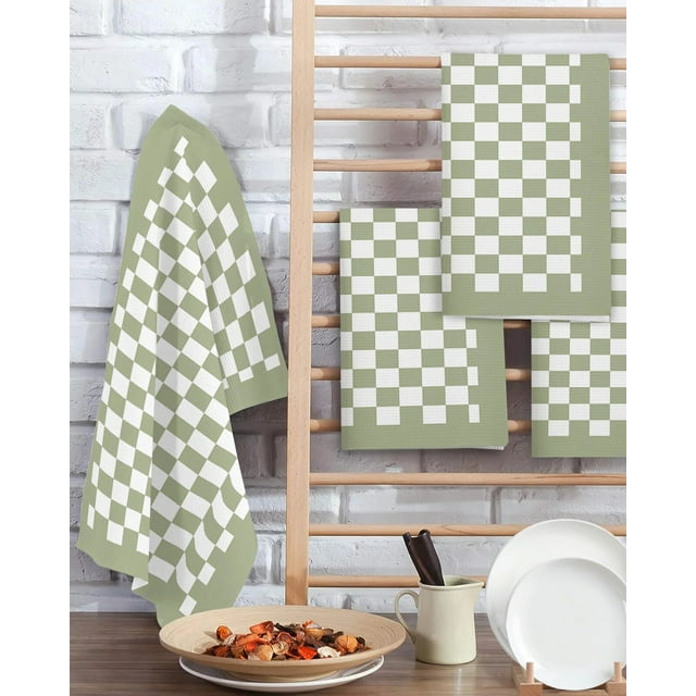 Sage Green Checkerboard Tea Towels Absorption Walf Checks Kitchen Soft ...