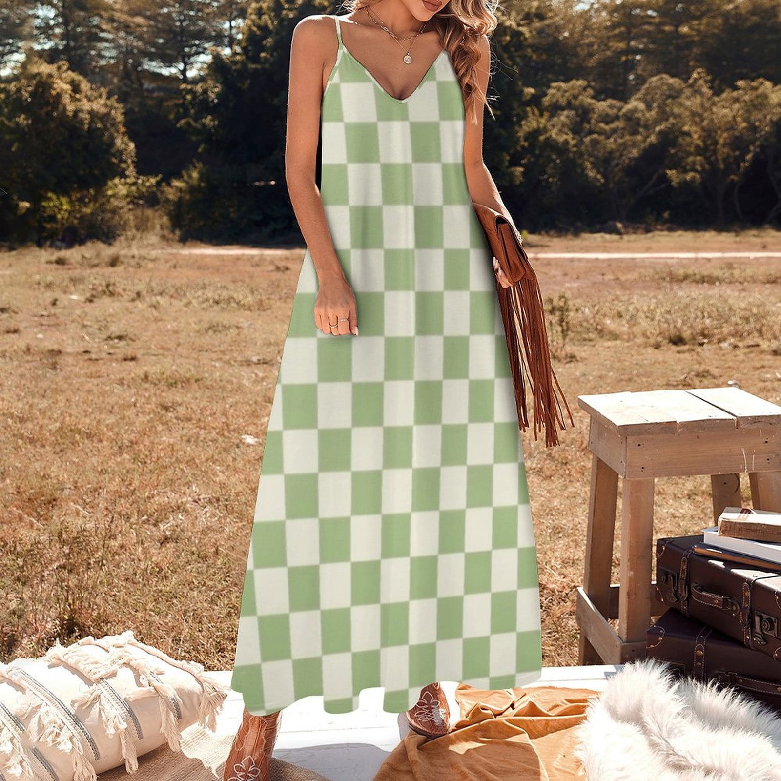 Sage Green Checkerboard Pattern Background Sleeveless Dress Elegant ...