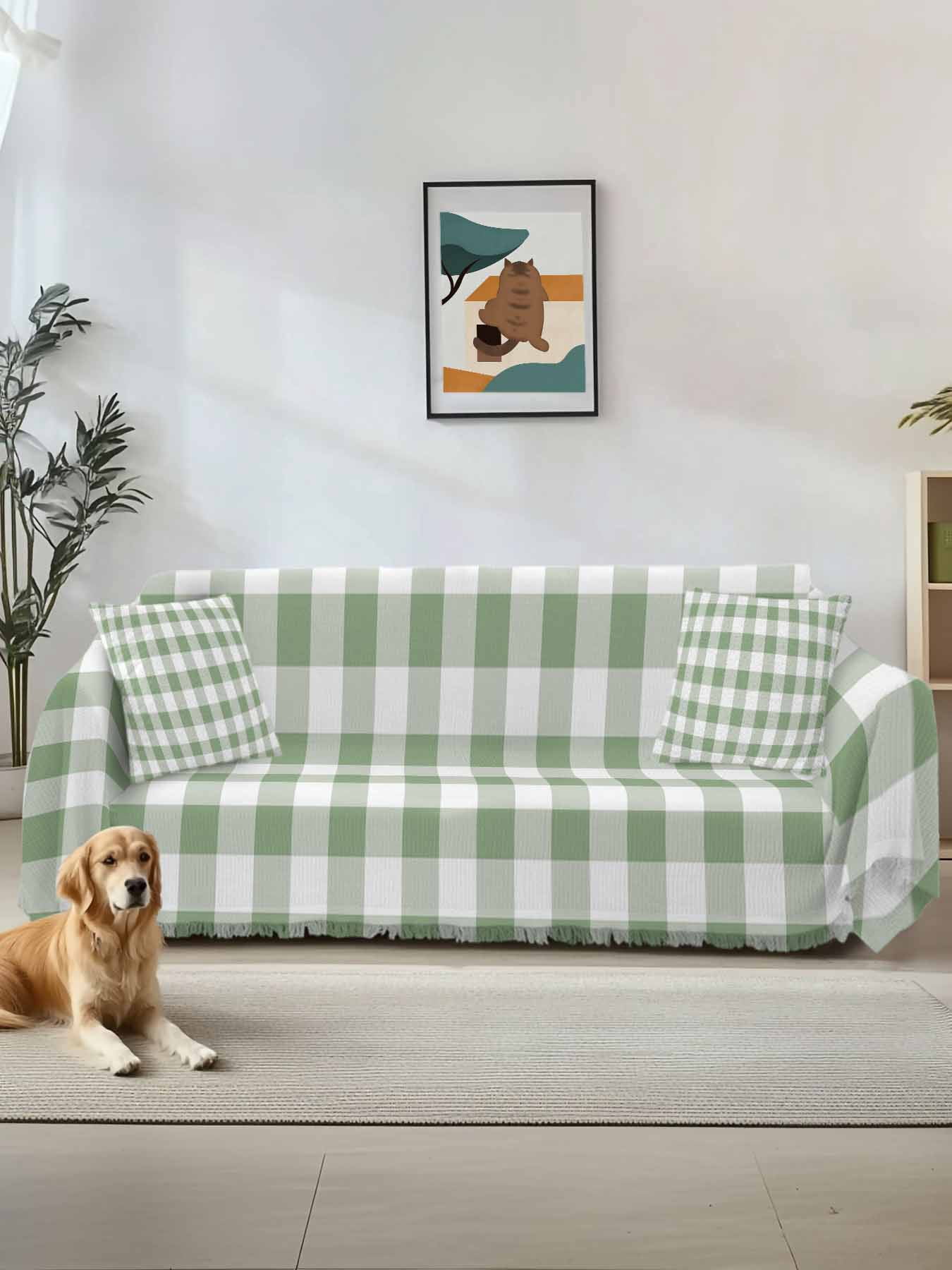 Sage Green Checkered Couch Cover for Dogs, Farmhouse Buffalo Plaid ...