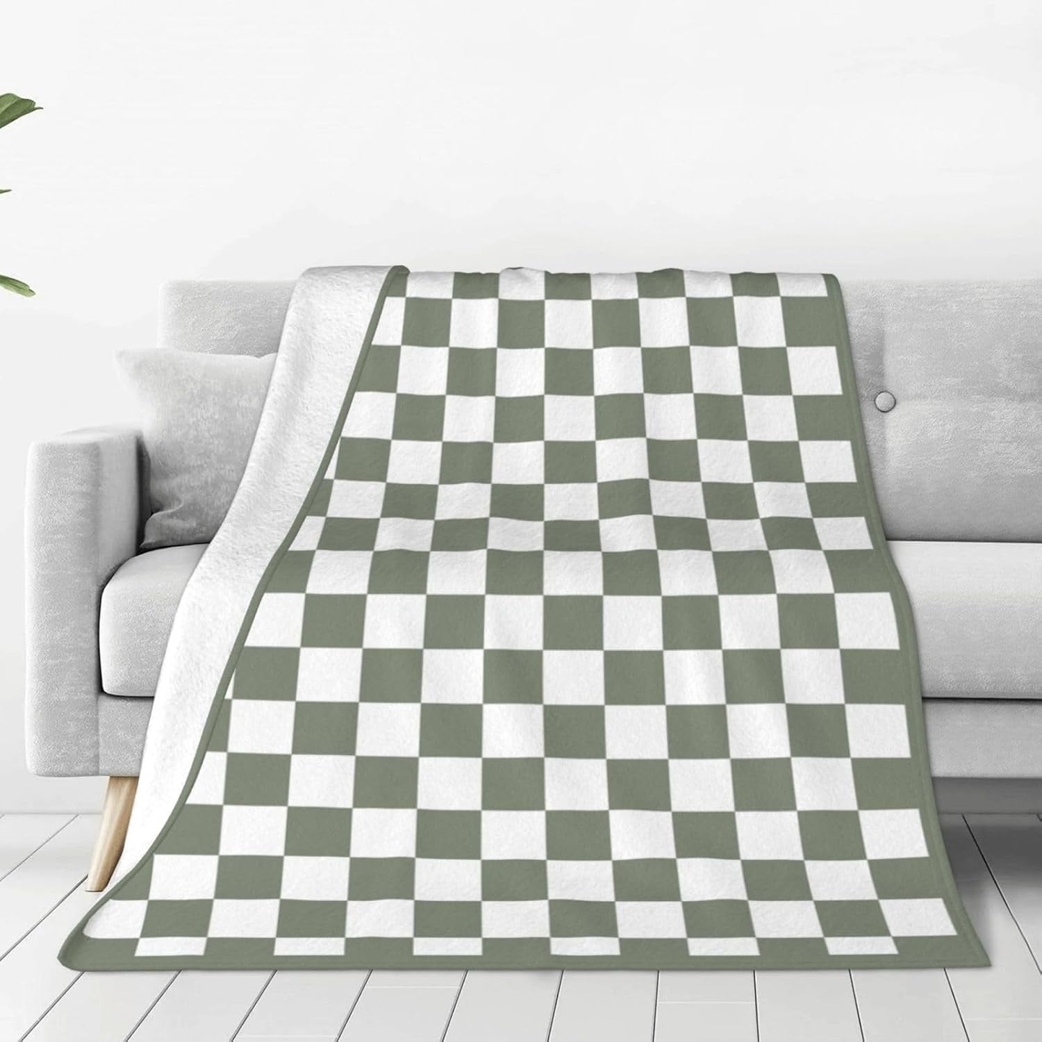 Sage Green Checkered Fleece Flannel Blanket Soft Cozy Warm Decor Throws ...