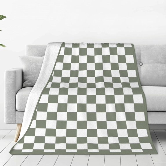 Sage Green Checkered Fleece Flannel Blanket Soft Cozy Warm Decor Throws ...