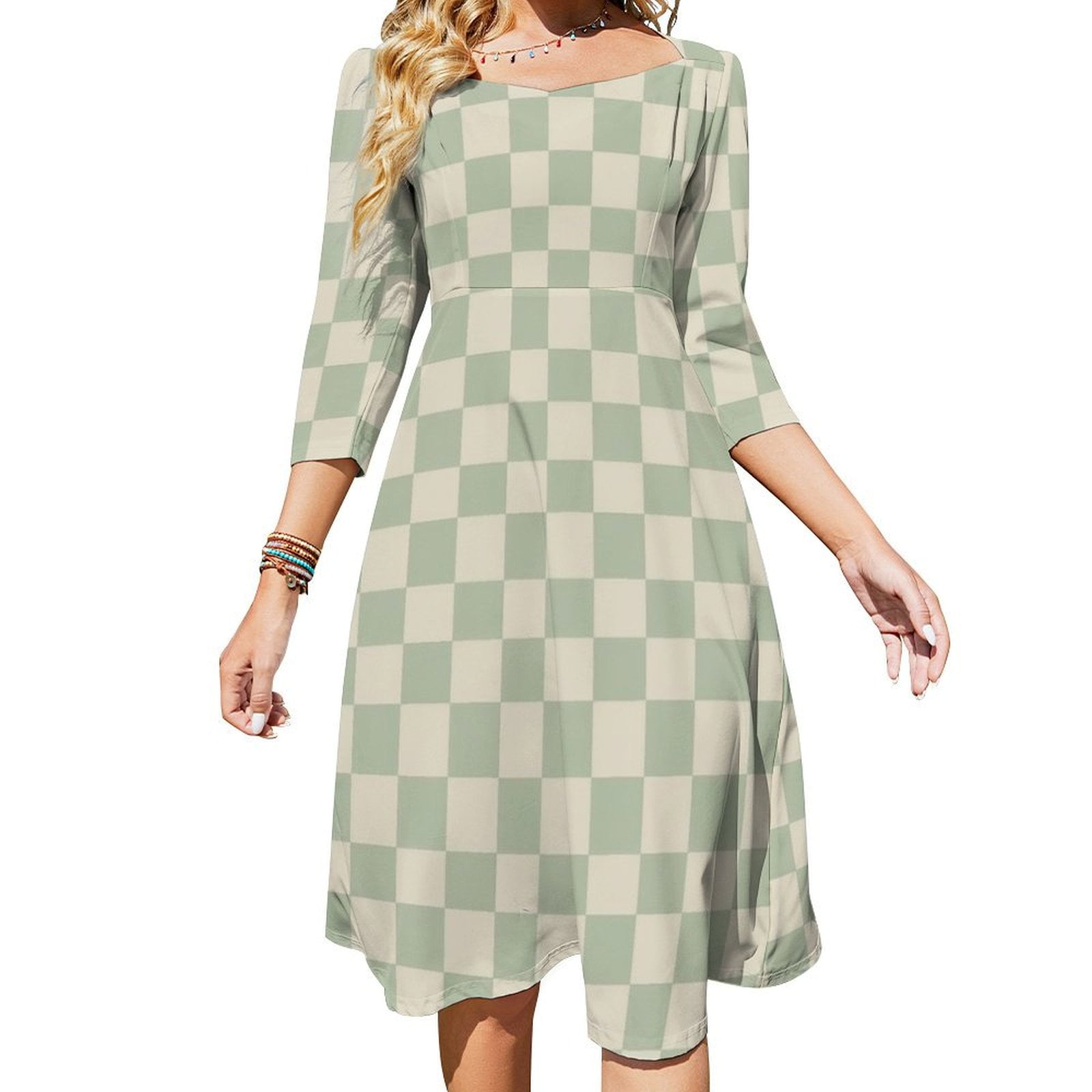 Sage Green Checkered Pattern Background Women's 3/4 Sleeve Dresses ...