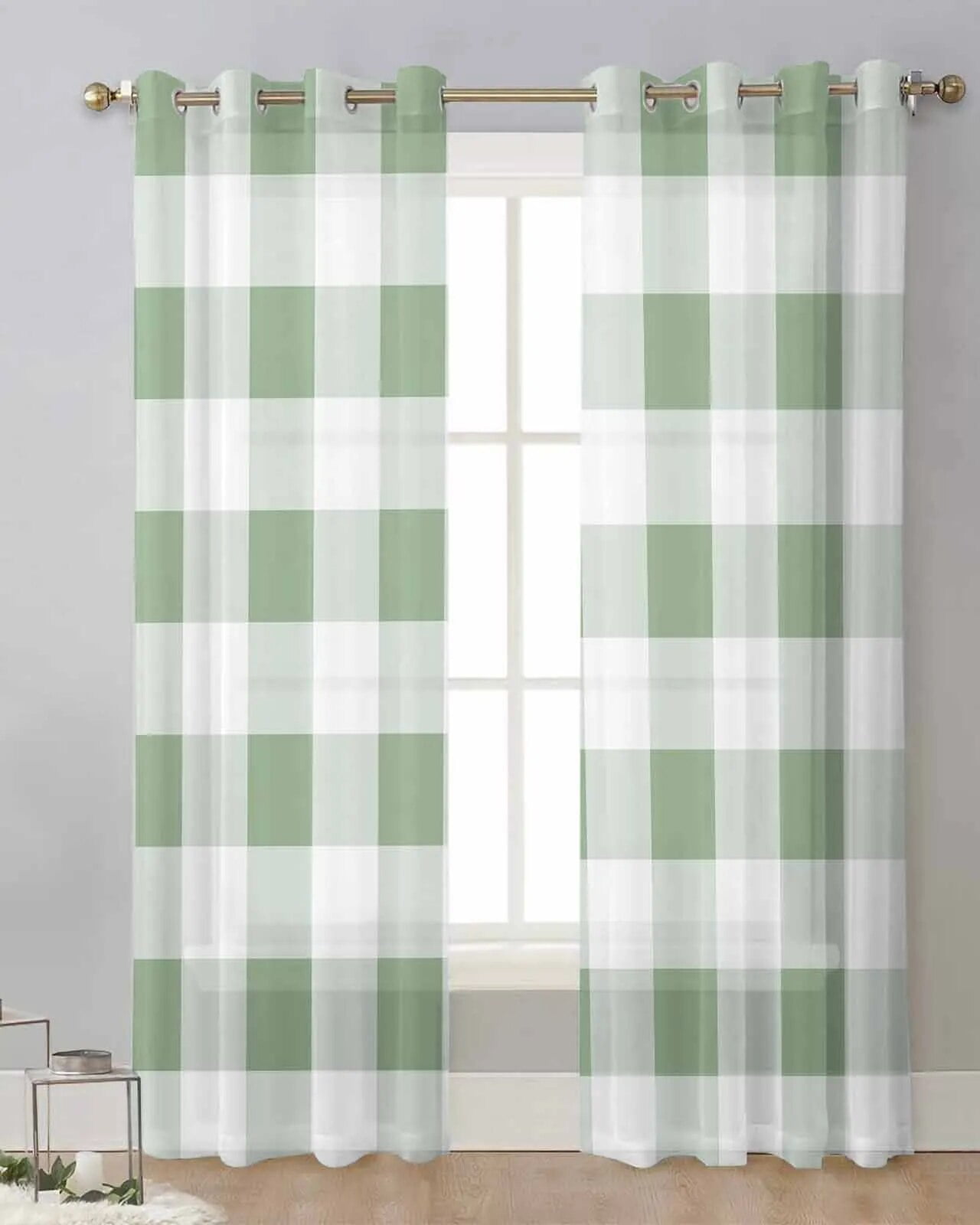 Sage Green Checkered Pattern In Spring Sheer Curtains For Living Room ...