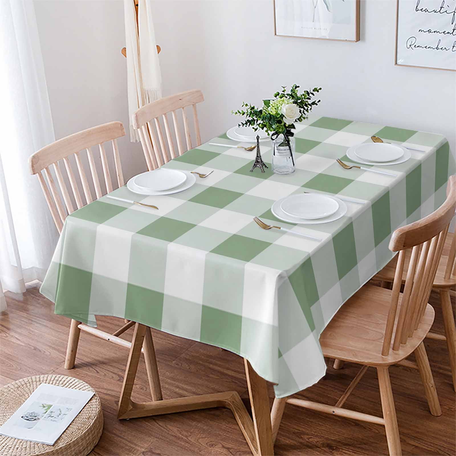 Sage Green Checkered Pattern In Spring Table Cloth Waterproof Dining ...