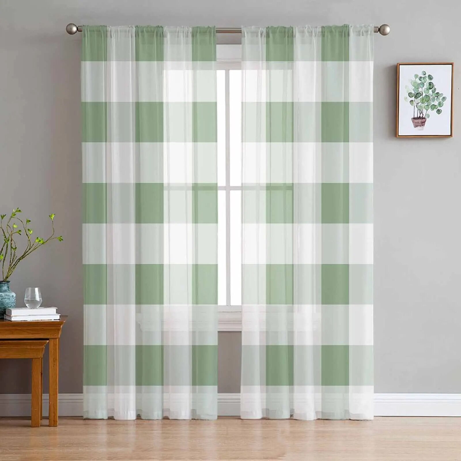 Sage Green Checkered Pattern In Spring Tulle Sheer Curtains for Living ...