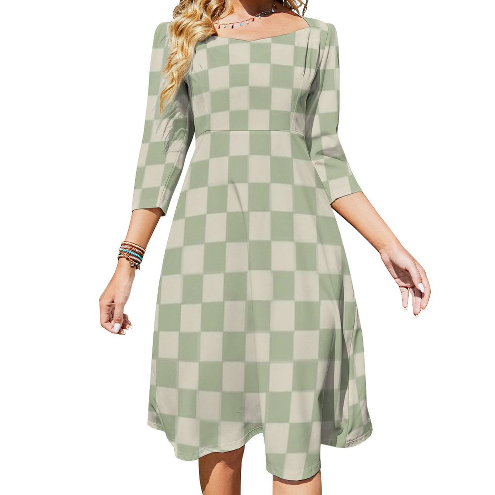 Sage Green Checkered Pattern Womens Summer Dress Tie Back A Line Flare ...