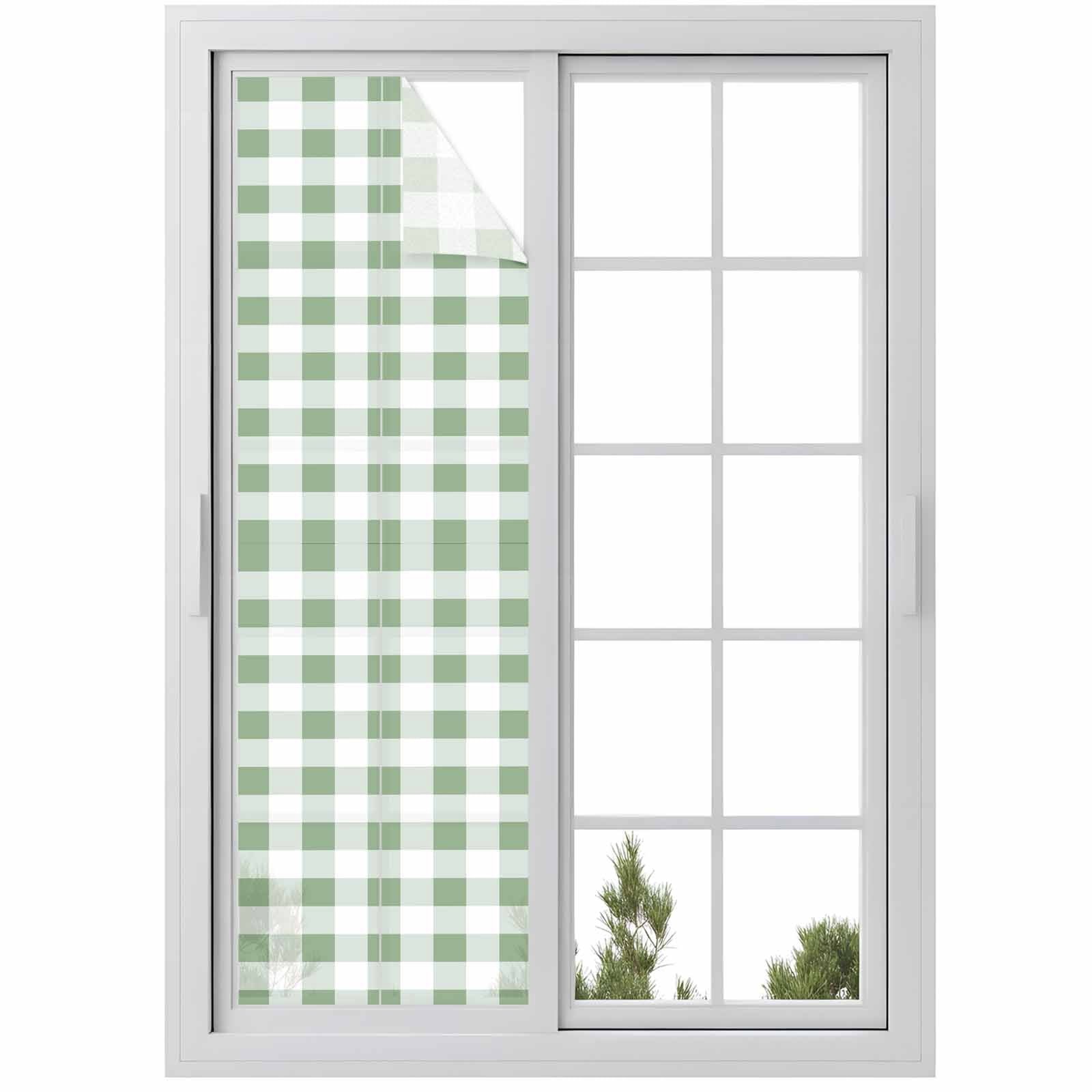 Sage Green Checkered Window Privacy Film, Green White Buffalo Plaid ...