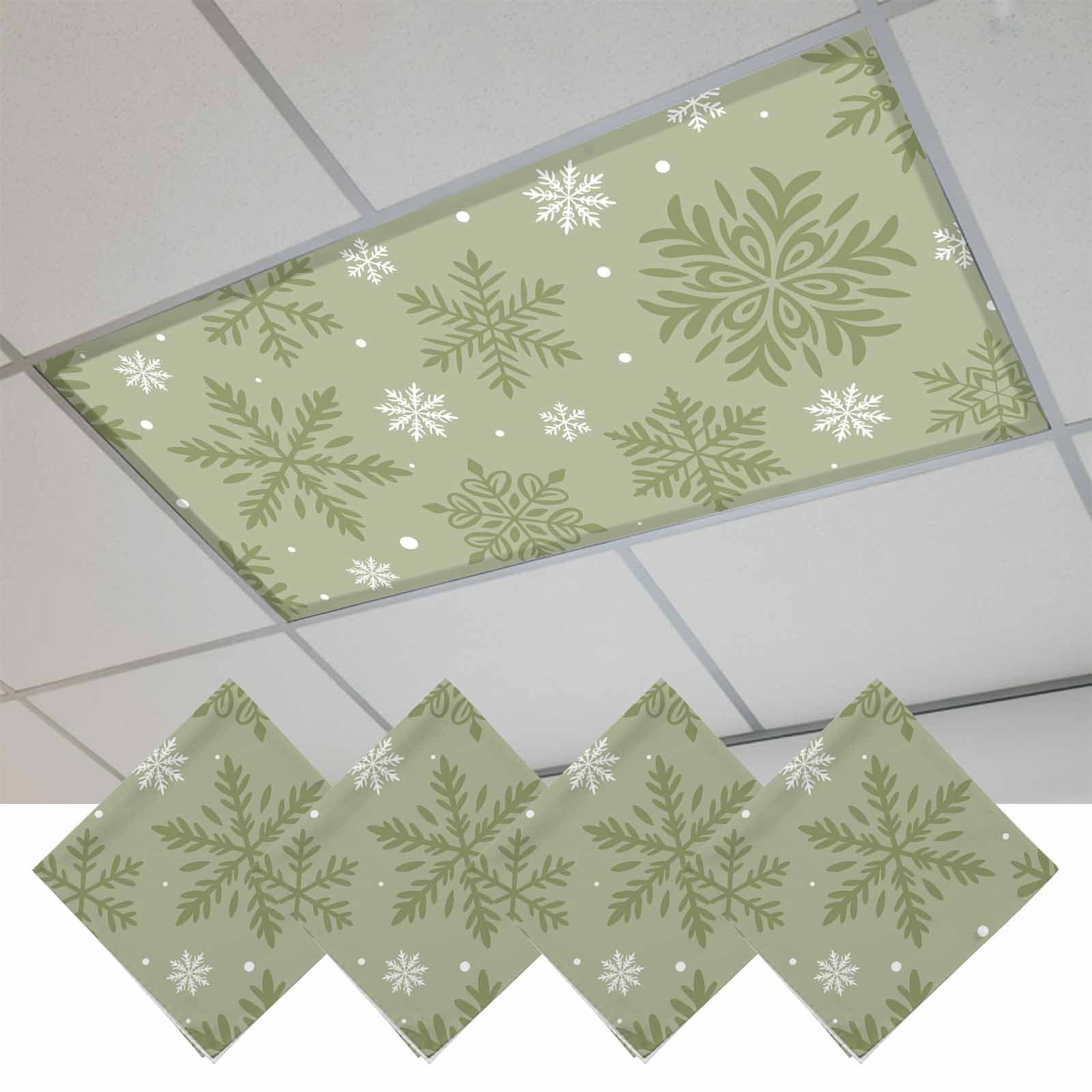 Sage Green Christmas Fluorescent Light Covers, Winter Xmas Snowflakes ...