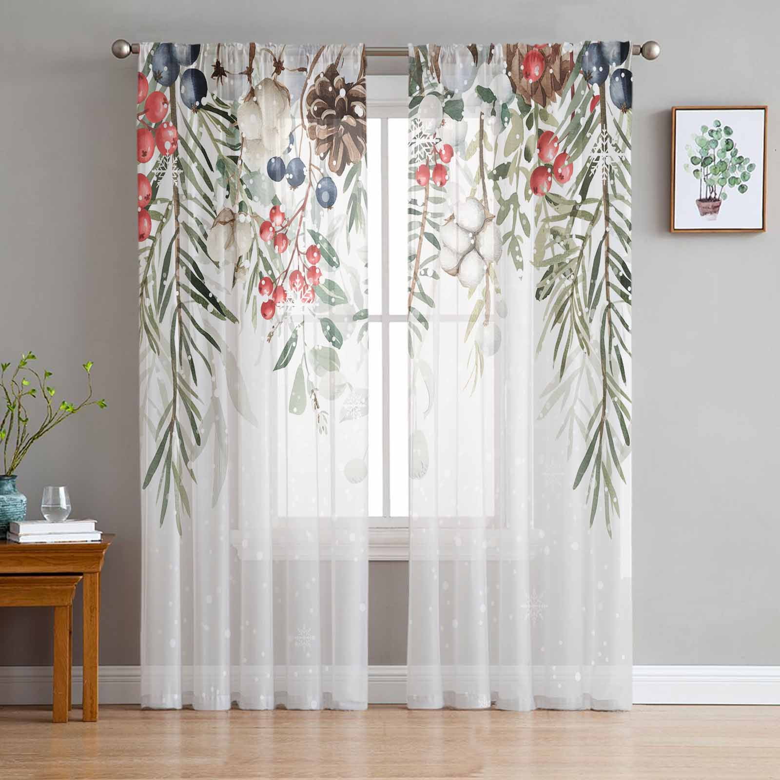 Sage Green Christmas Sheer Curtains 96 Inches Long, Weeping Xmas Berry ...