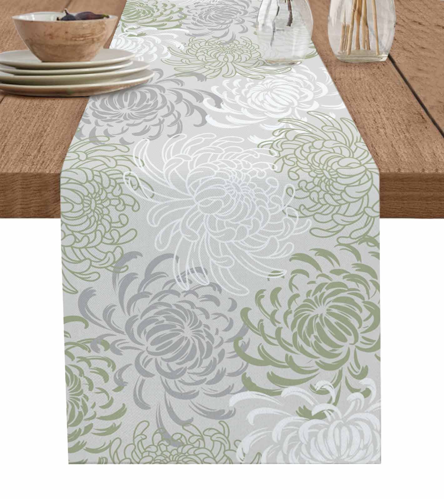 Sage Green Chrysanthemum Table Runners 90 Inches Long, Cotton Linen ...