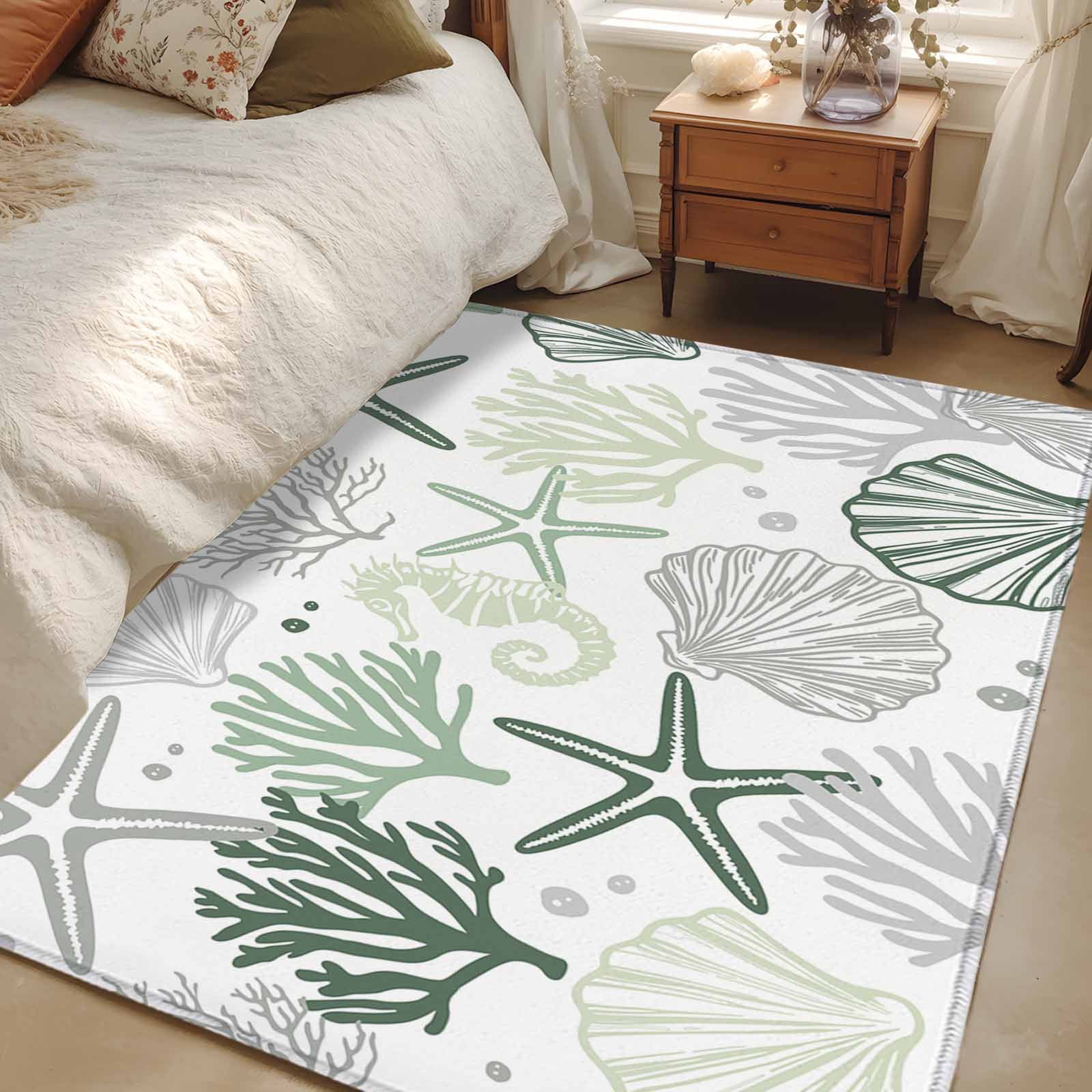 Sage Green Coastal 4x6 Area Rugs, Summer Beach Coral Shell Ocean Non ...