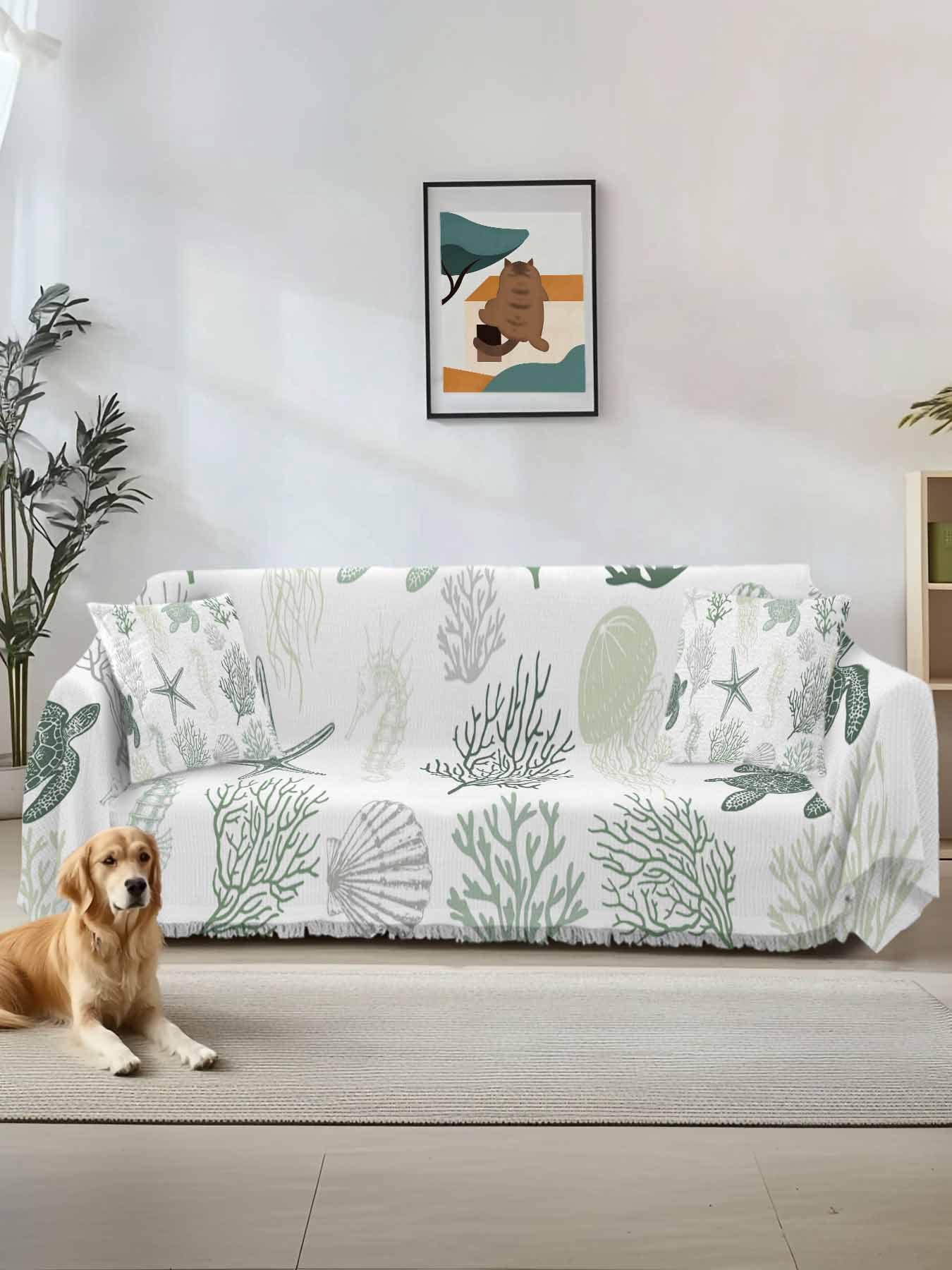 Sage Green Coastal Couch Cover for 2 Cushion Sofa, Nautical Summer ...